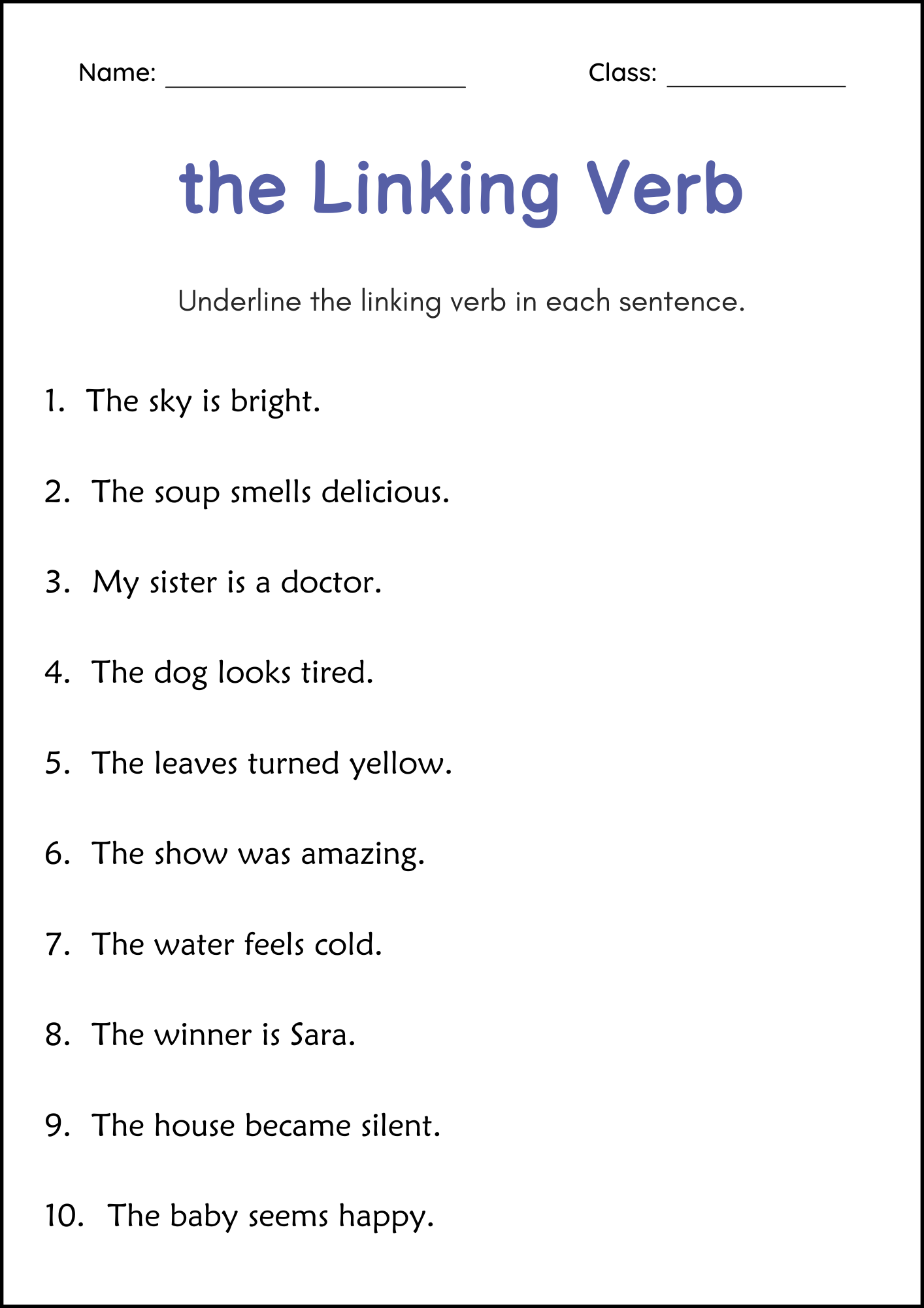 Linking Verbs and Predicate Words - Grammar Practice Worksheets for ...