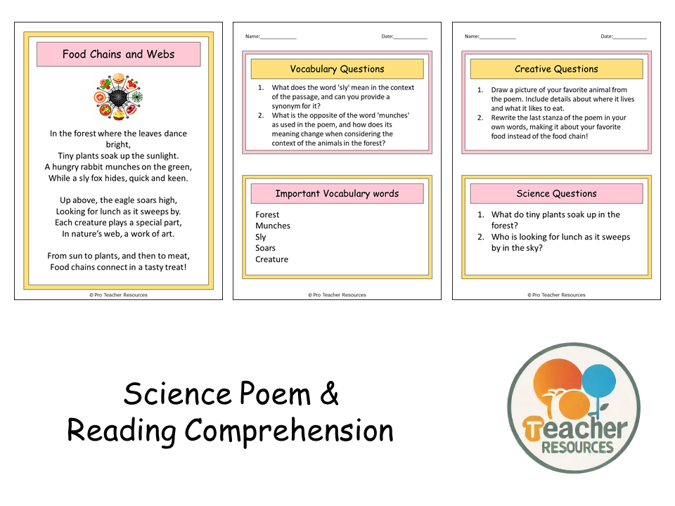 Food Chains and Webs Poem Reading Comprehension Questions Worksheet ...
