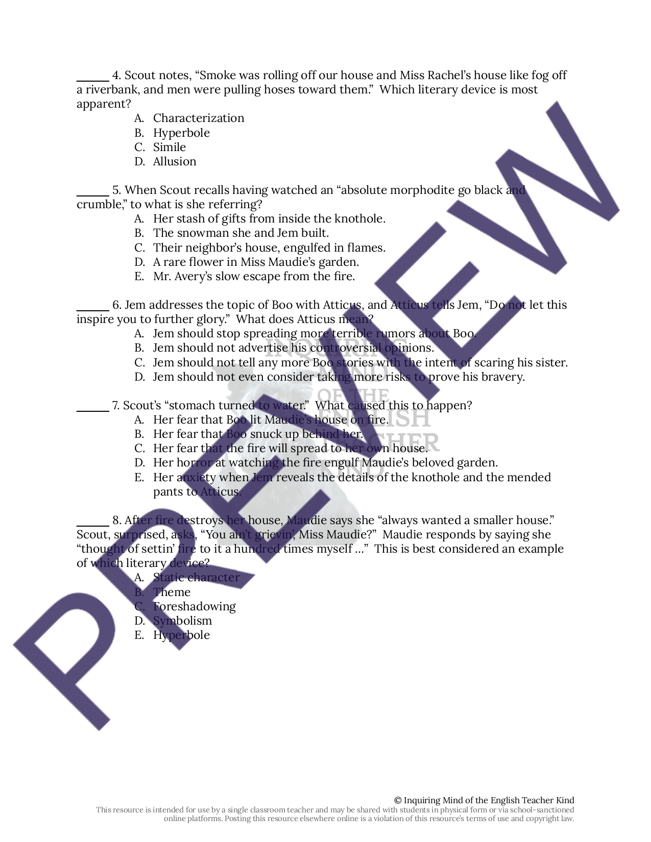 To Kill a Mockingbird Chapter 8 Close Reading Worksheet | Teaching ...