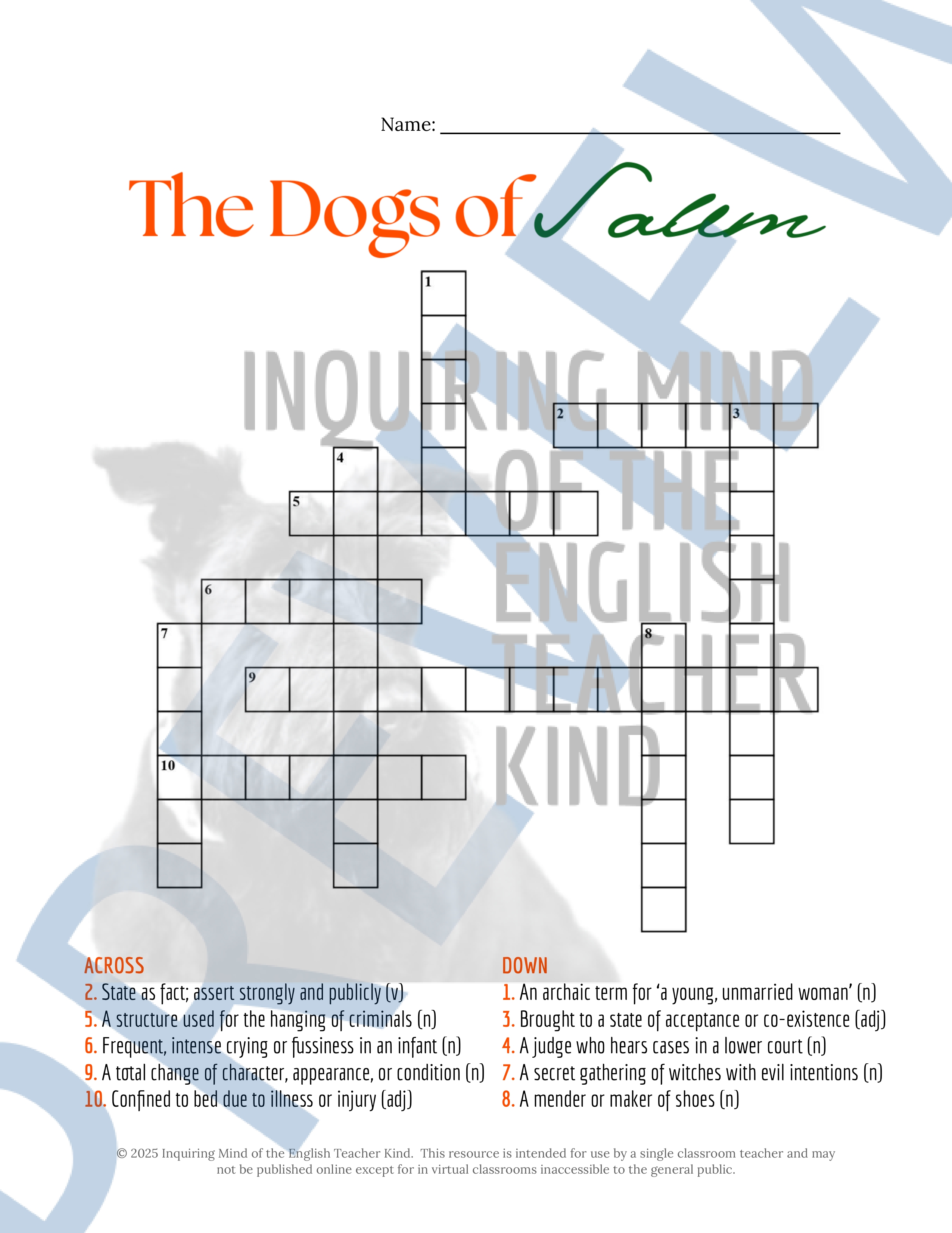 "The Dogs of Salem" by David Keller Vocabulary Games | Salem Witch ...