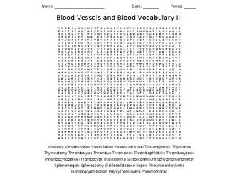 Blood Vessels and Blood Vocabulary III Word Search for Medical ...