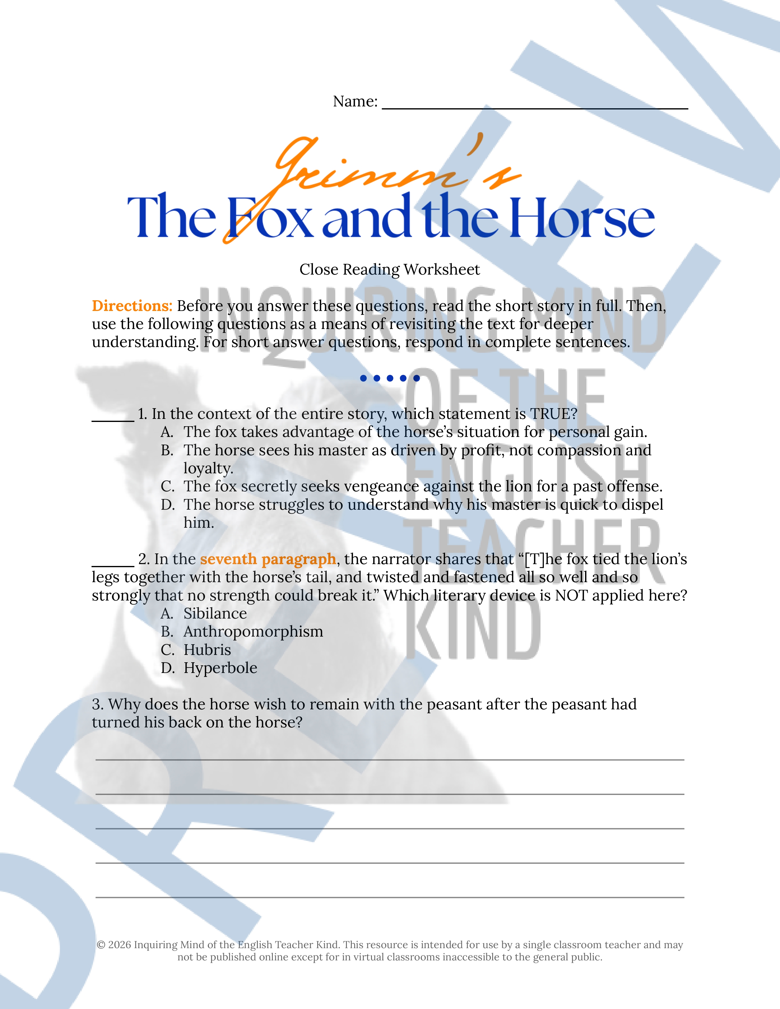 "The Fox and the Horse" Close Reading Analysis Worksheet | Grimm's ...