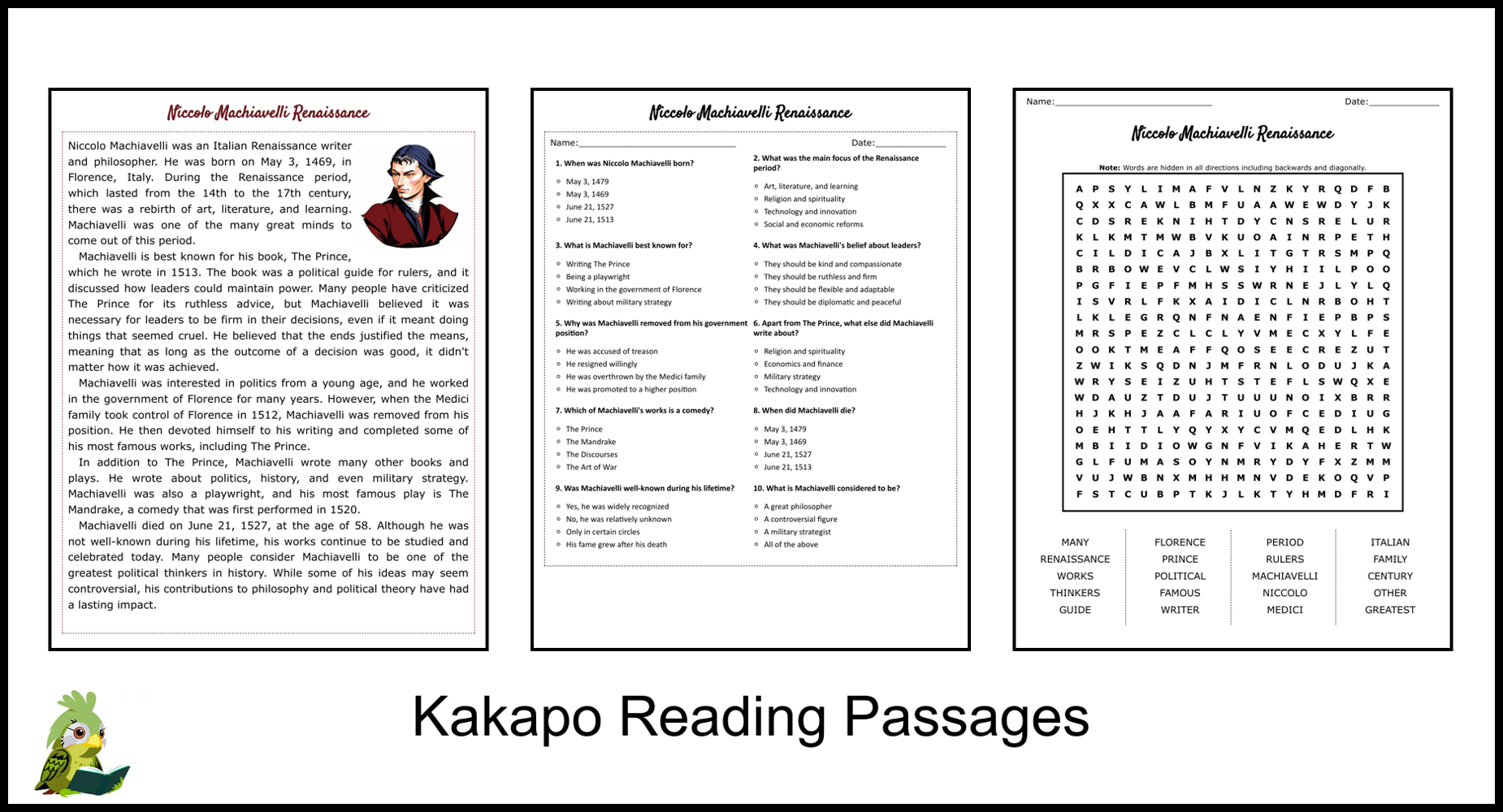 Niccolo Machiavelli Renaissance Reading Comprehension and Word Search ...