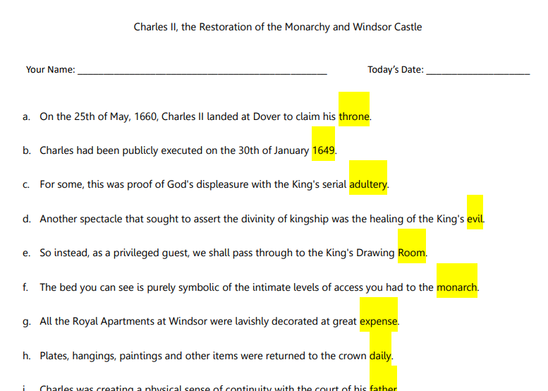 RHU Charles II and The Restoration. Video questions, differentiated ...