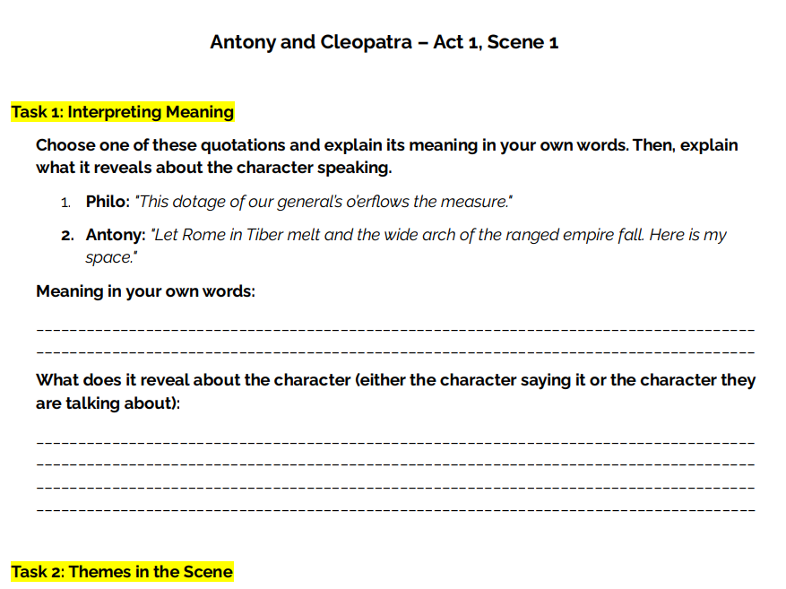 Antony and Cleopatra-Act 1 Scene 1 Analysis Worksheet | Teaching Resources