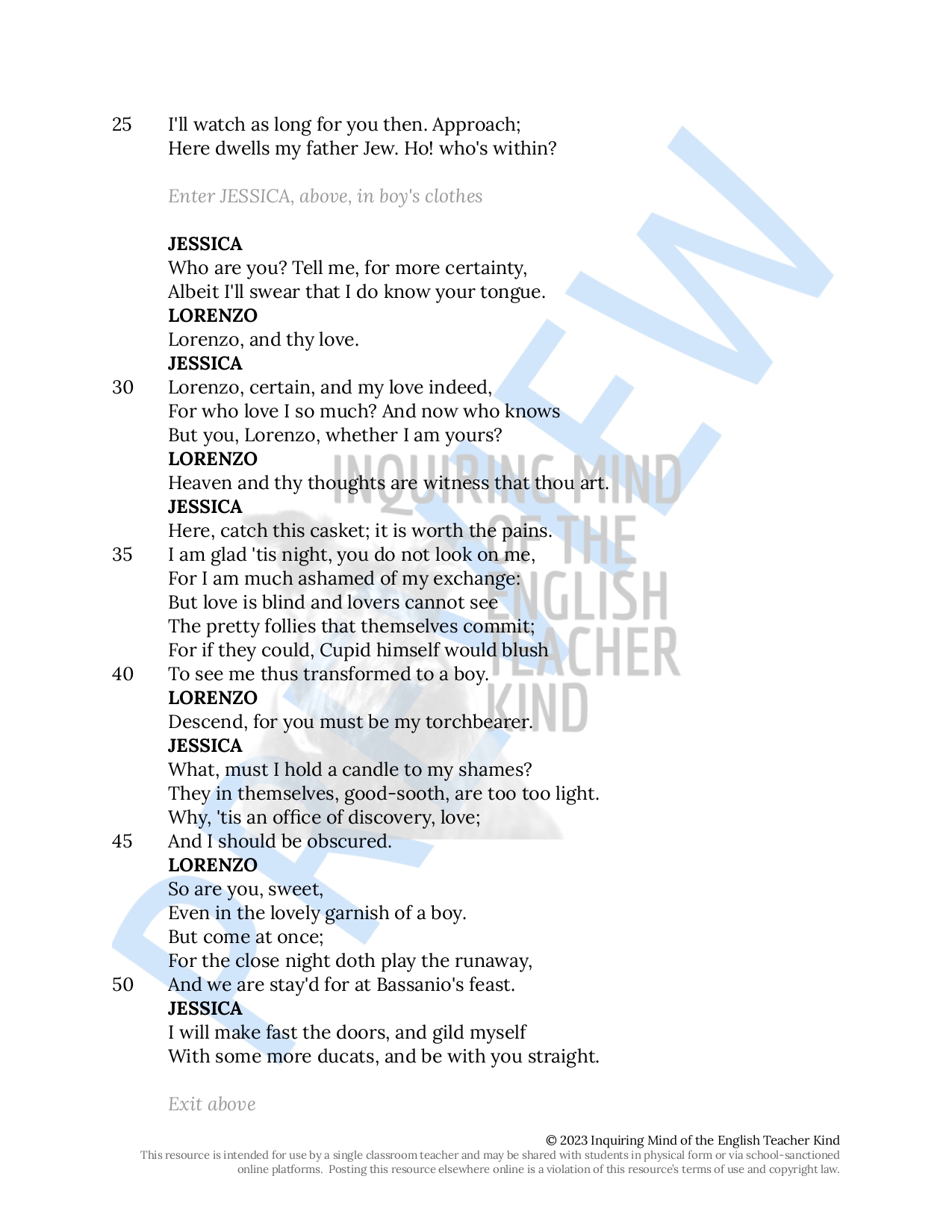 The Merchant of Venice Act 2 Scene 6 Close Reading Analysis Activity ...