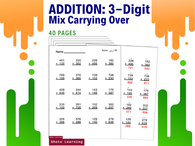 3 DIGIT ADDITION WORKSHEETS Math Numbers Problems Mix Carrying Over ...