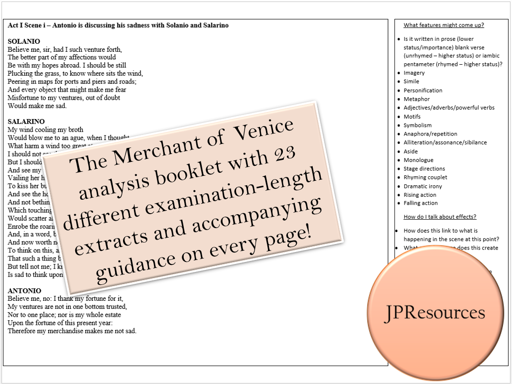 GCSE The Merchant of Venice Extract Analysis Booklet and Practice Exam Questions | Teaching ...