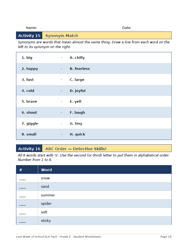 Last Week of School ELA Activities | 2nd Grade No-Prep Pack | Teaching ...