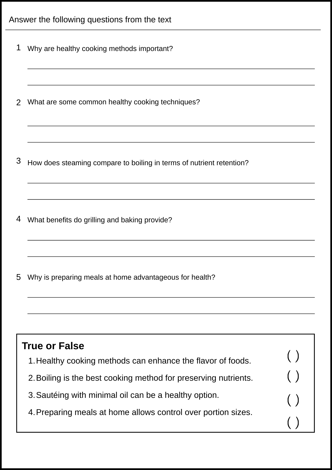 The Importance of Healthy Cooking MethodsReading Comprehension Passages ...
