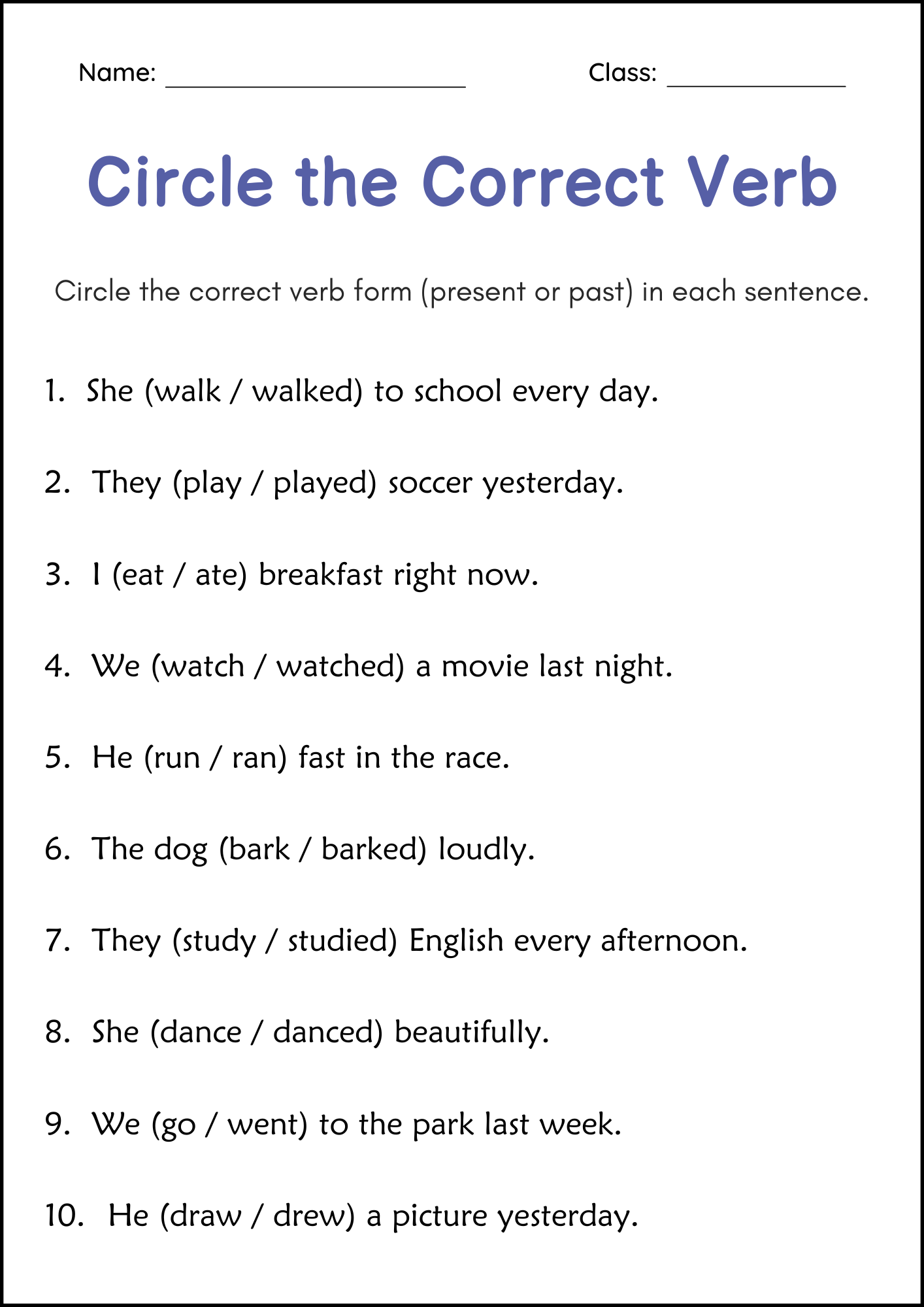 Printable Past and Present Tense Verbs Grammar Worksheets - Tenses of ...