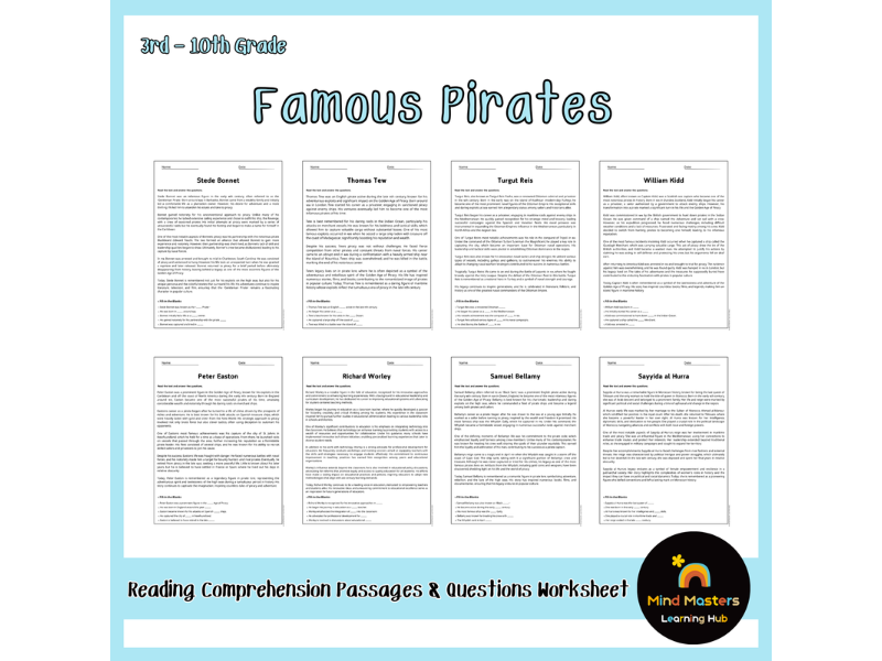 Famous Pirates Reading Comprehension Passages & Questions Worksheets ...