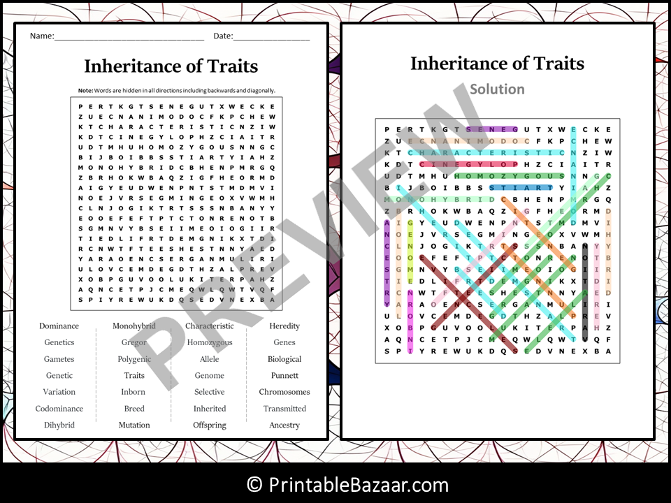 Inheritance of Traits Word Search Puzzle Worksheet Activity | Teaching ...