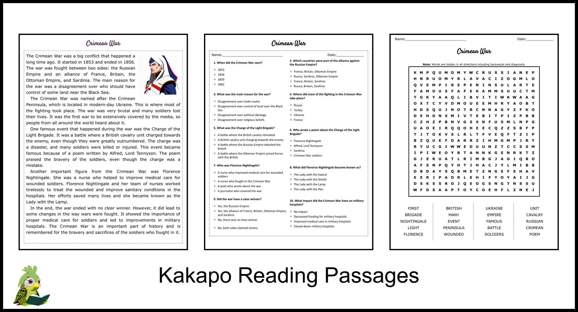 Crimean War Reading Comprehension and Word Search | Teaching Resources