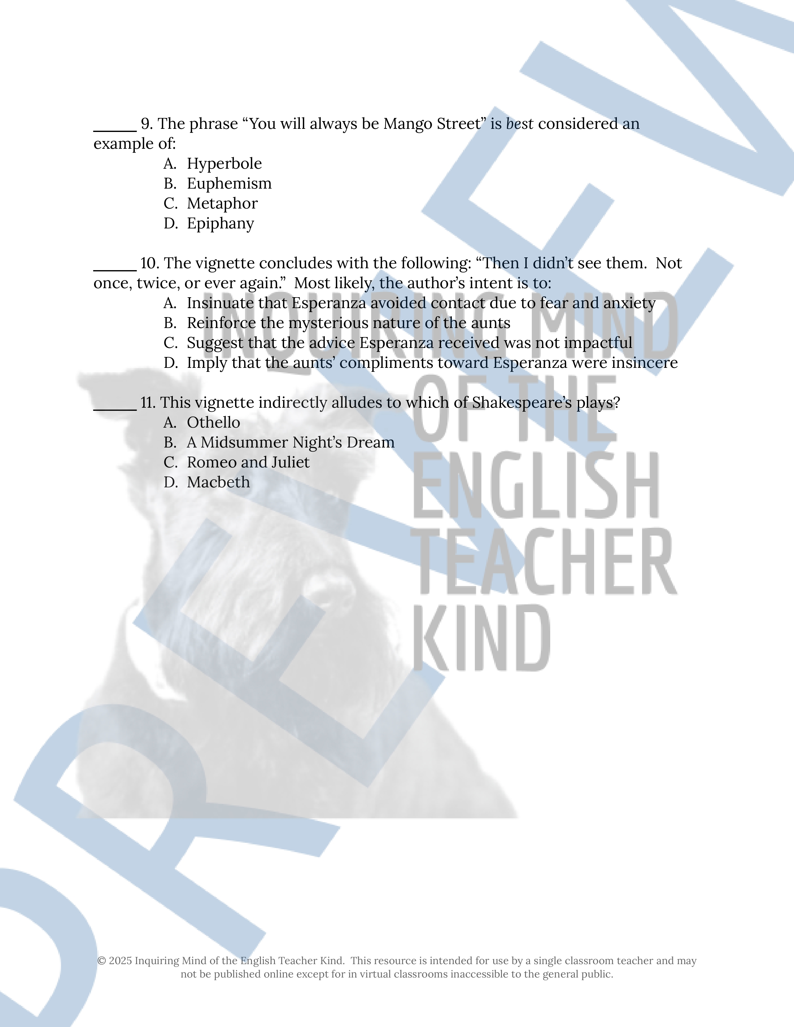 The House on Mango Street "The Three Sisters" Close Reading Inference ...