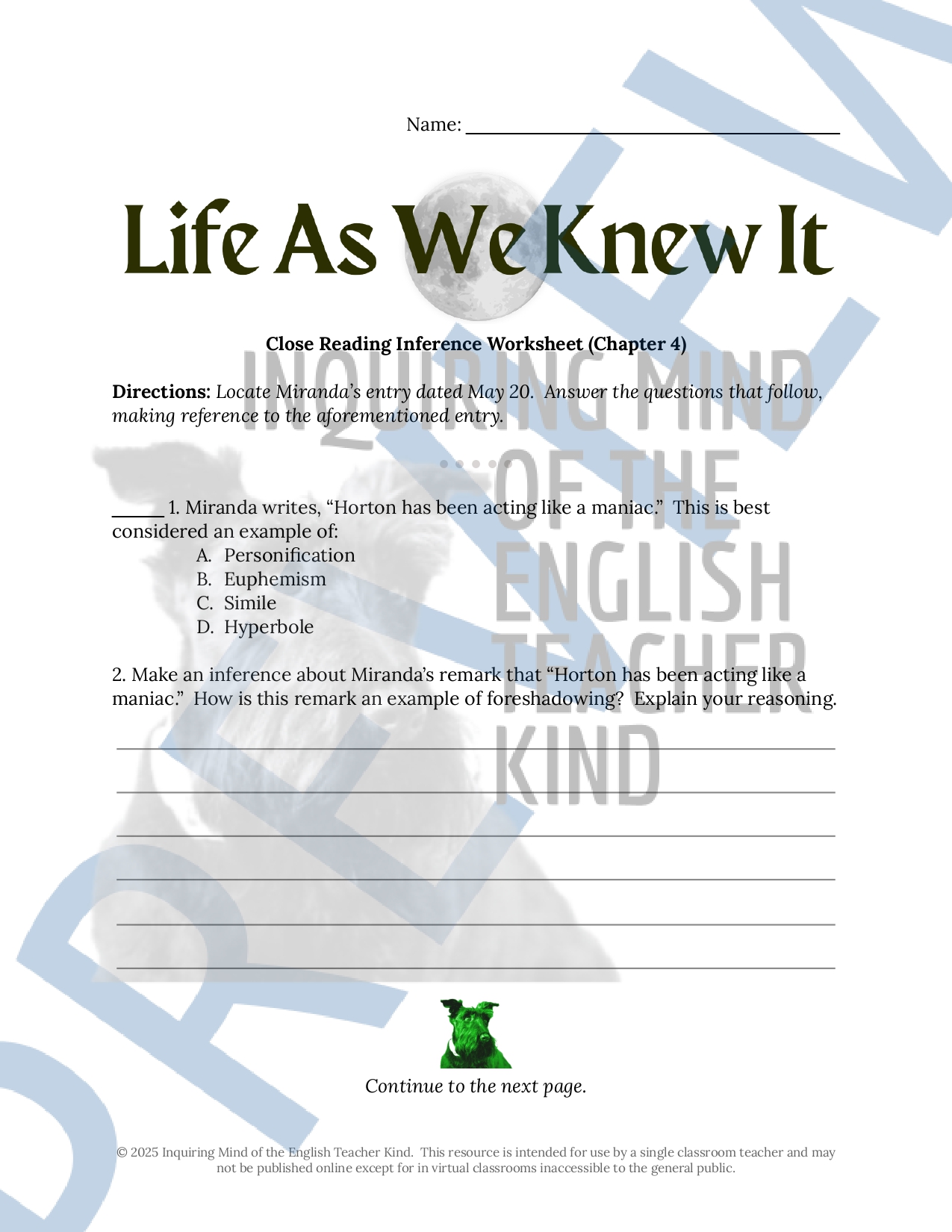 Life As We Knew It Chapter 4 Close Reading Inference Worksheet and ...