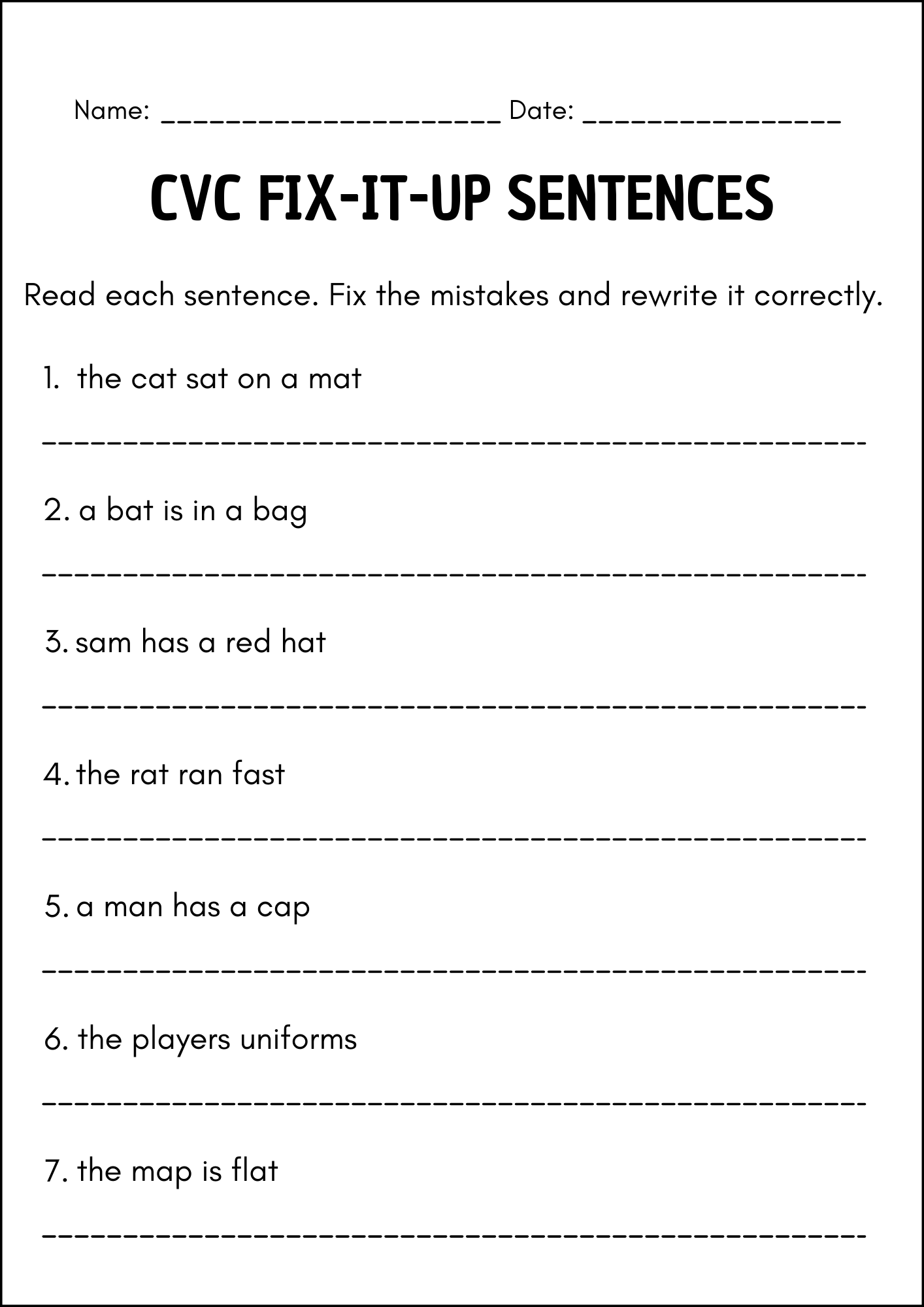 CVC Fix It Up Sentences | Phonics, Spelling, and Sentence Editing ...
