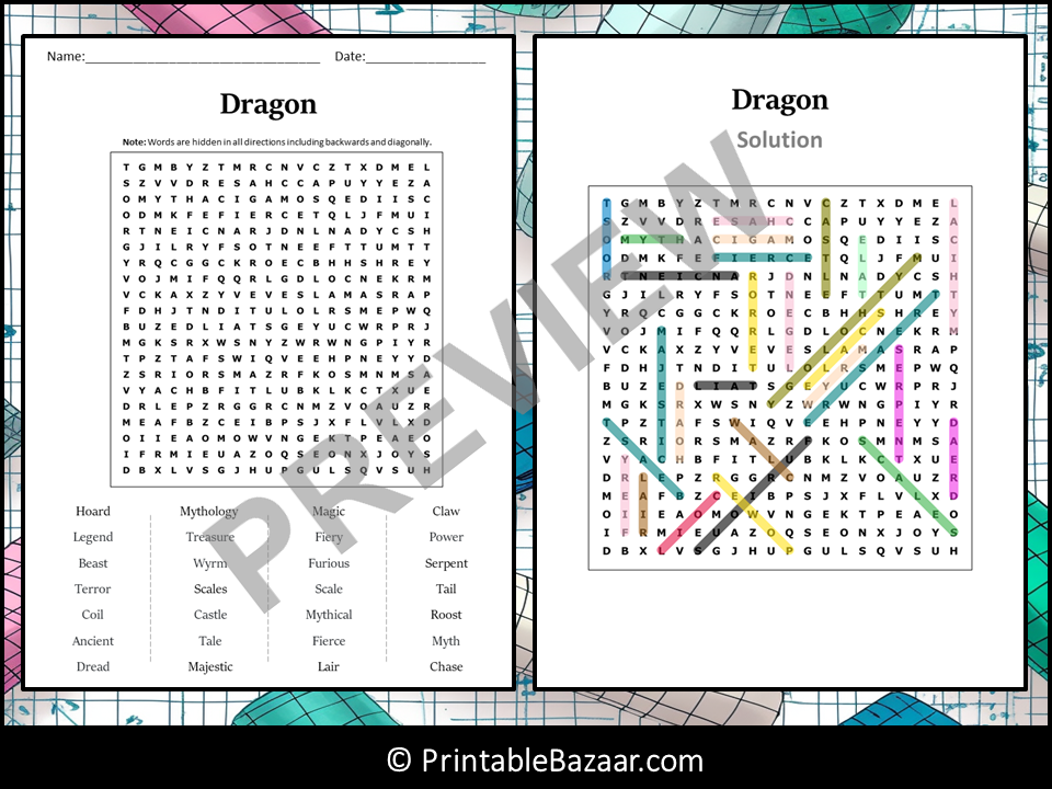 Dragon Word Search Puzzle Worksheet Activity | Teaching Resources