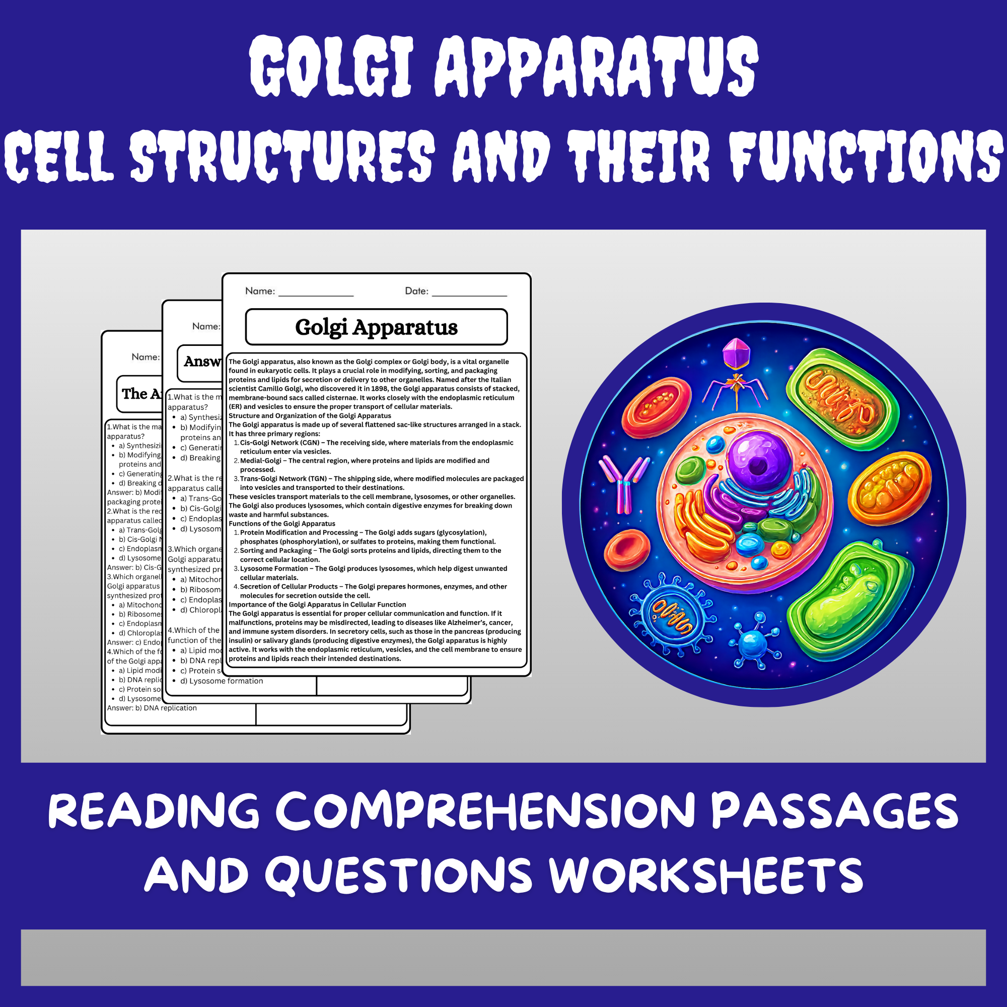 Golgi Apparatus - Cell Structures and Their Functions Reading Comprehension Passages Worksheets ...