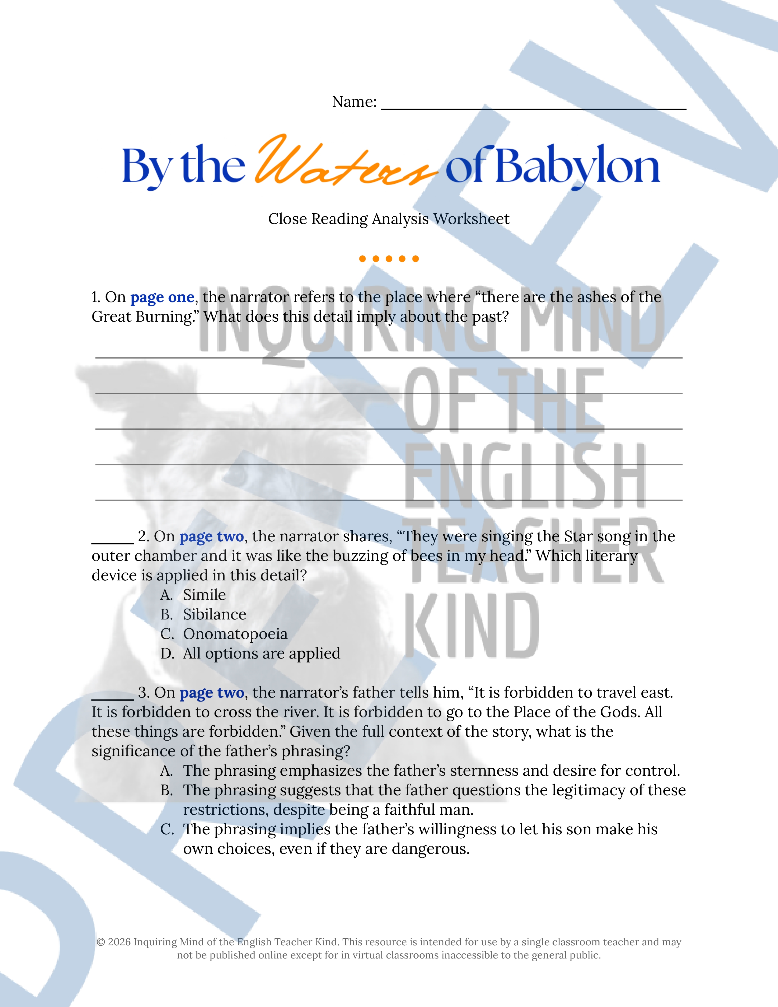 "By the Waters of Babylon" Close Reading Analysis Worksheet | Dystopian ...