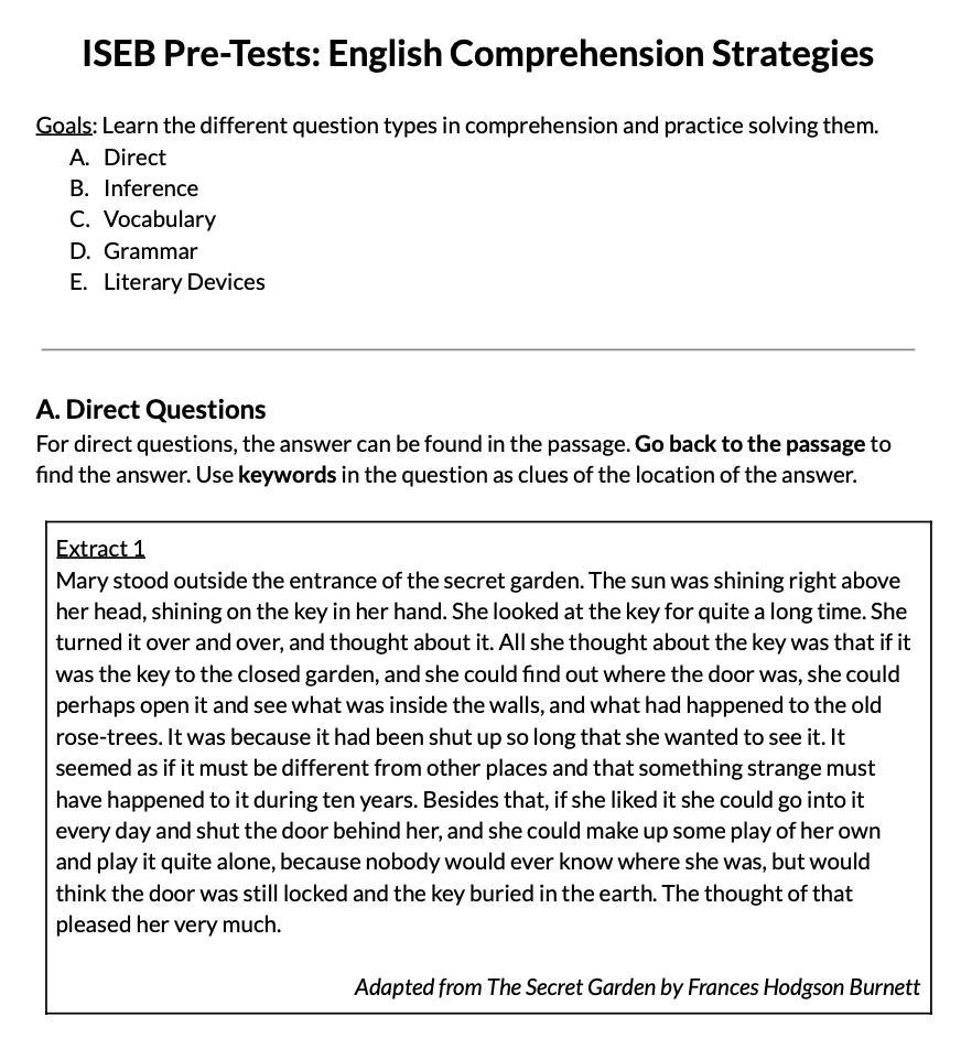ISEB Pre-Tests/11+: English Comprehension Strategy Worksheet | Teaching ...