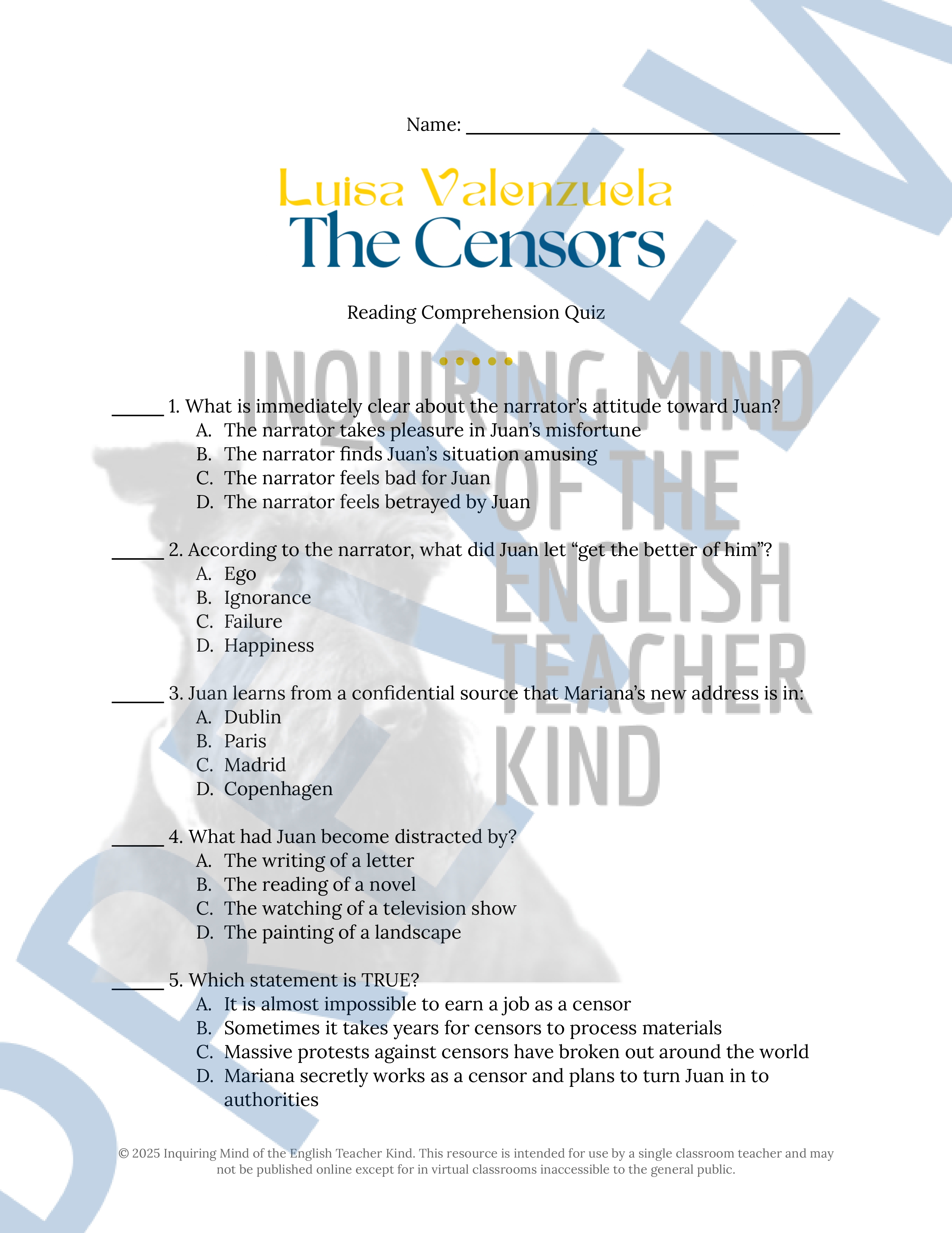 "The Censors" by Luisa Valenzuela Quiz and Answer Key | Political ...