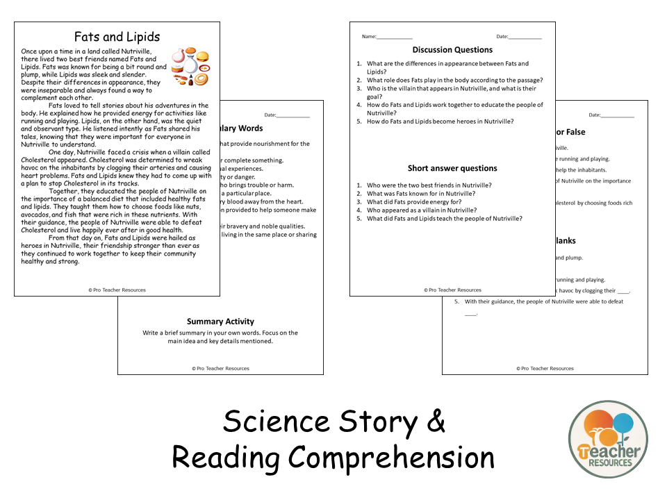 Fats and Lipids Reading Science Story Comprehension Questions Worksheet ...