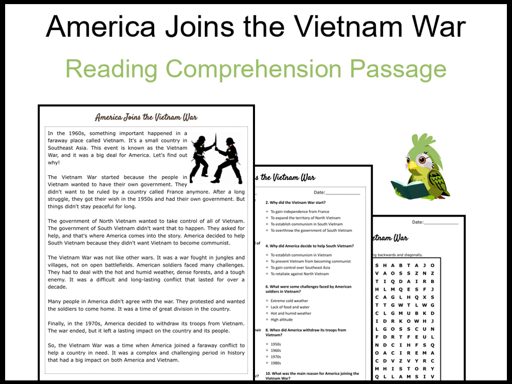 America Joins the Vietnam War Reading Comprehension and Word Search ...