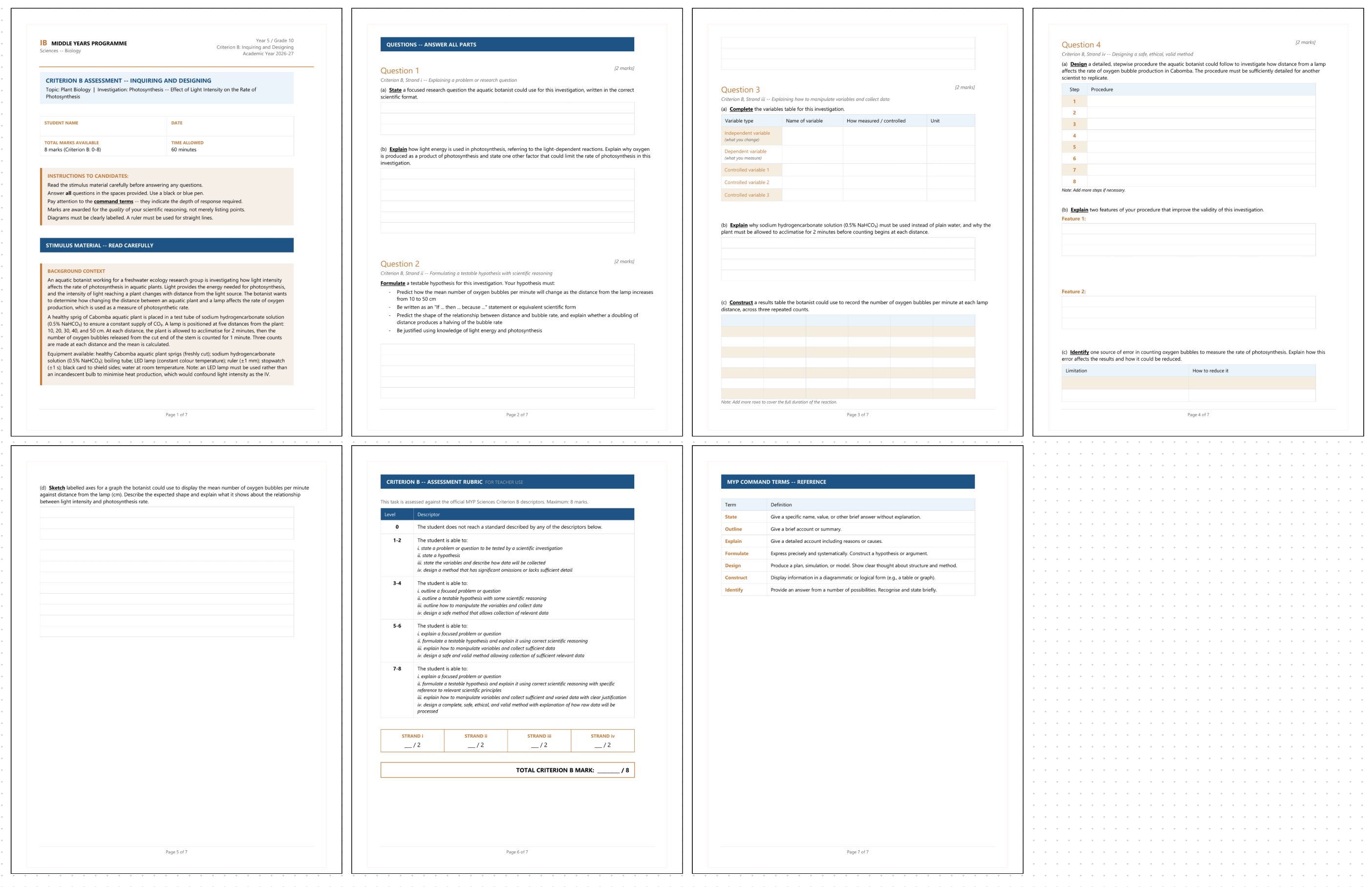 MYP Grade 10 Biology: 3 Criterion B Assessment Tasks - Plant Biology ...