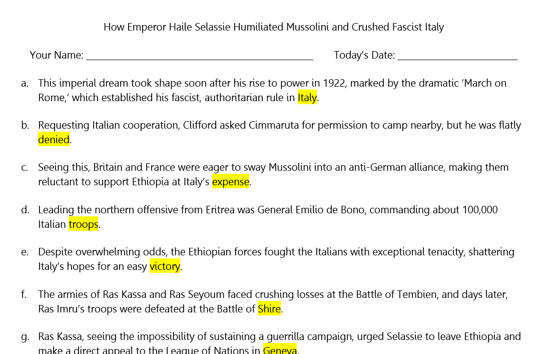 Second Italo-Ethiopian War: video worksheets, differentiated | Teaching ...