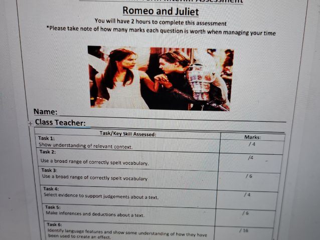 Romeo and Juliet Interim Assessment Booklet | Teaching Resources