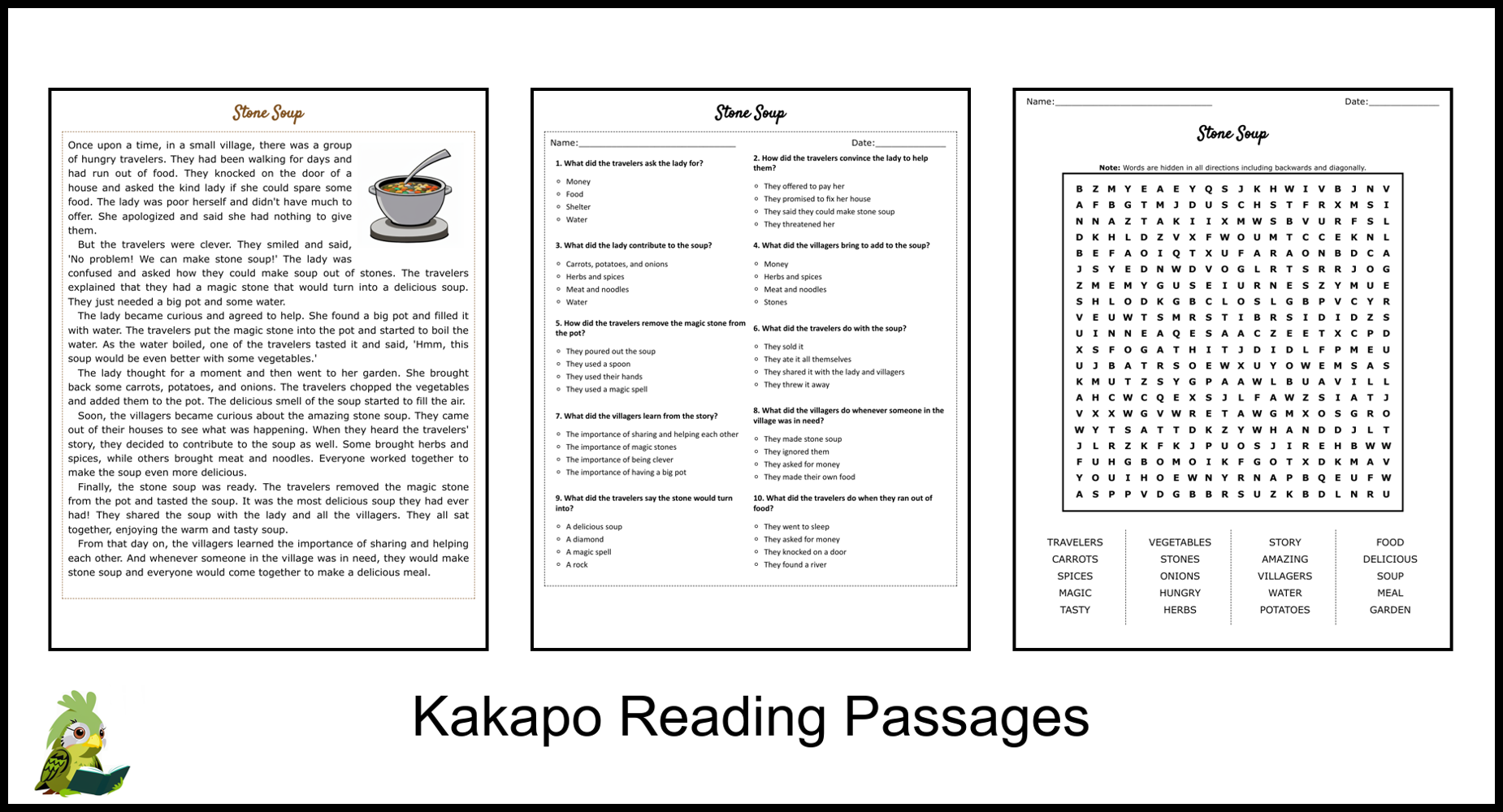 Stone Soup Reading Comprehension and Word Search | Teaching Resources