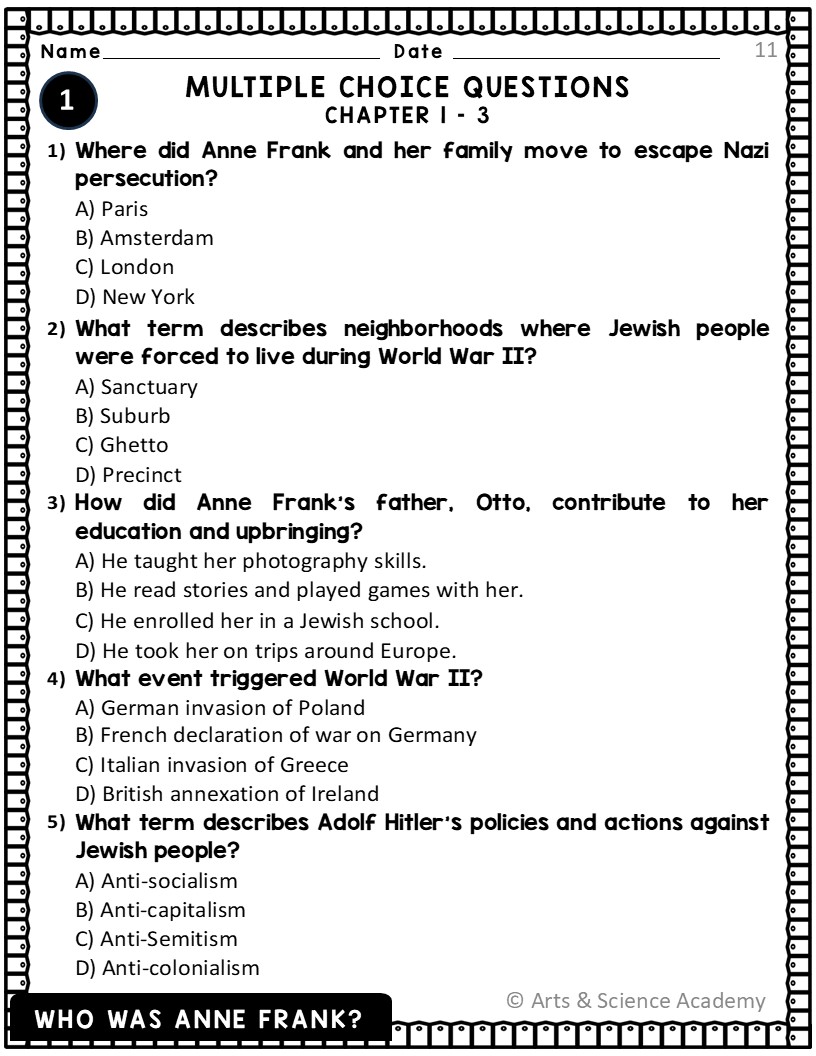 WHO WAS ANNE FRANK? Novel Study Comprehension, Critical Thinking, Vocab ...