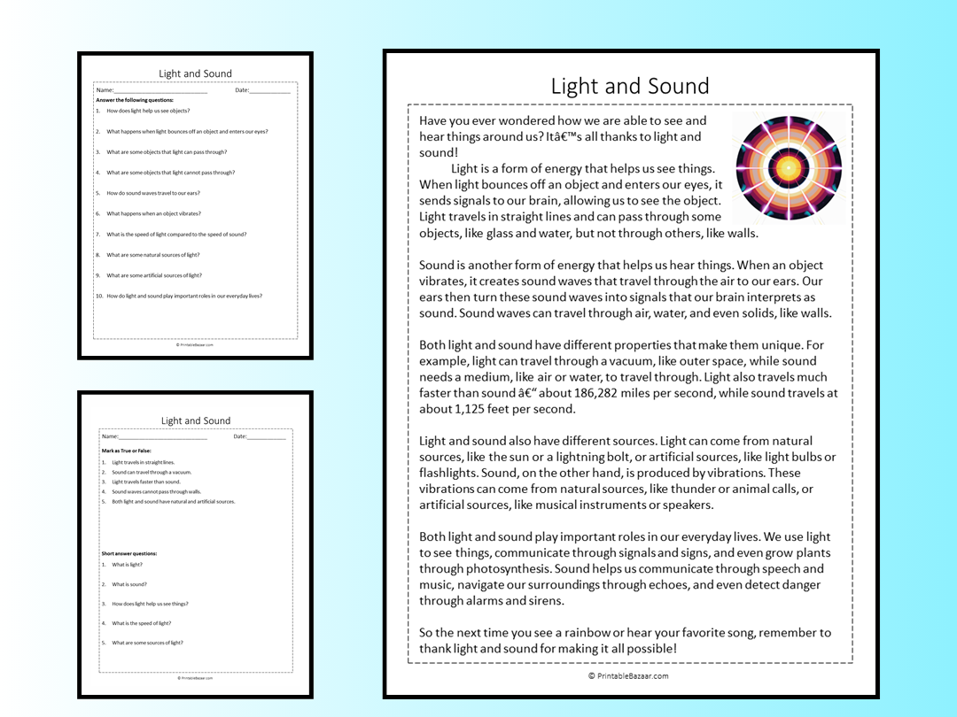Printable Light And Sound Review Worksheets