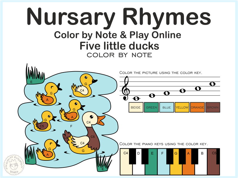 Five Little Ducks Nursery Rhythm | Online Music Game & Color By Note ...