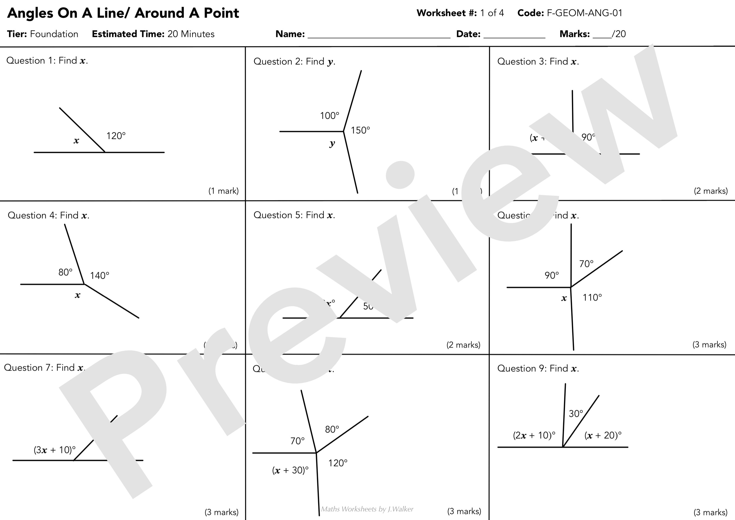 GCSE Maths Worksheet: Angles On A Line/ Around A Point - Foundation ...