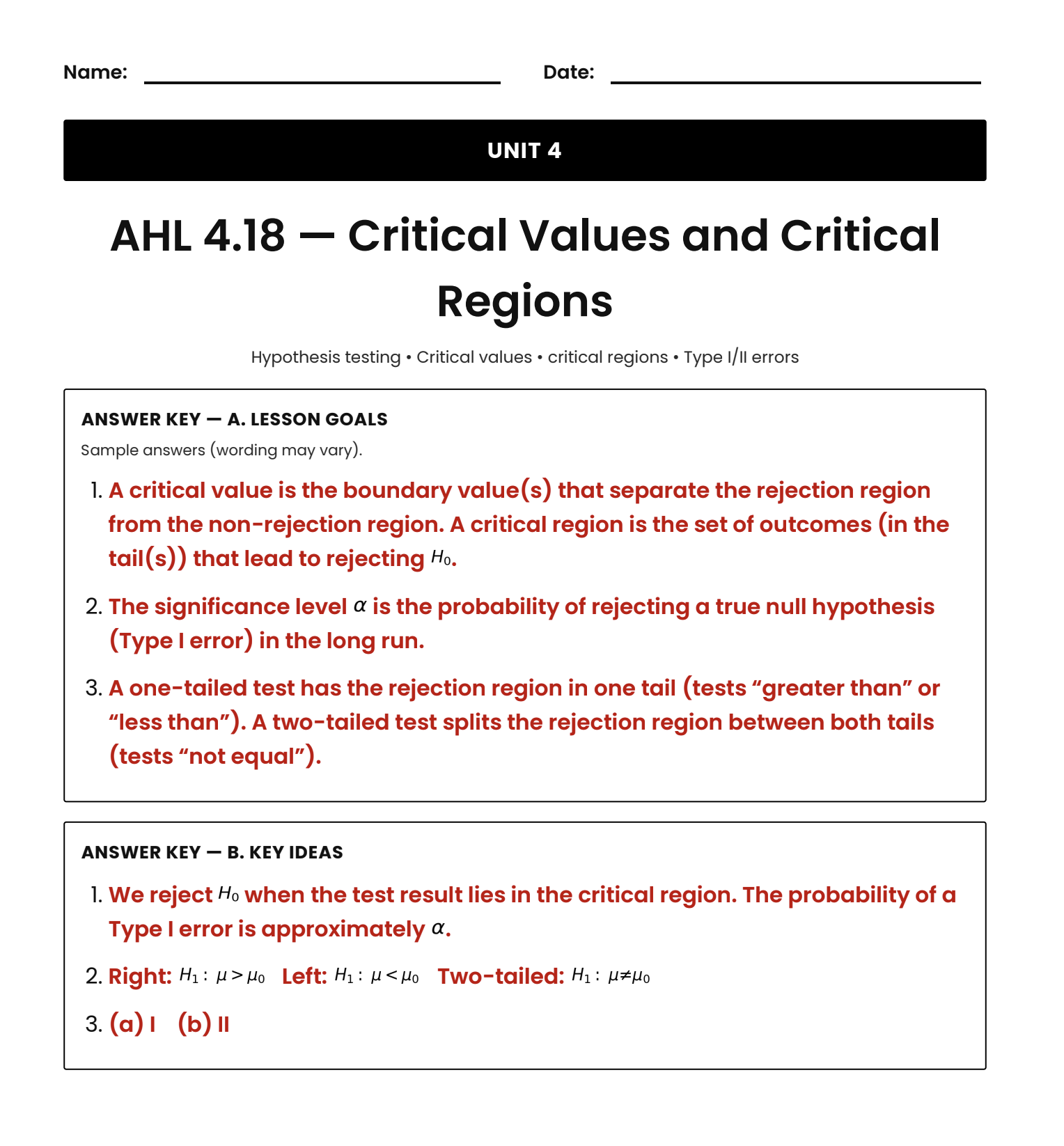 IB Math AI Worksheet AHL 4.18 - Critical Values and Critical Regions ...