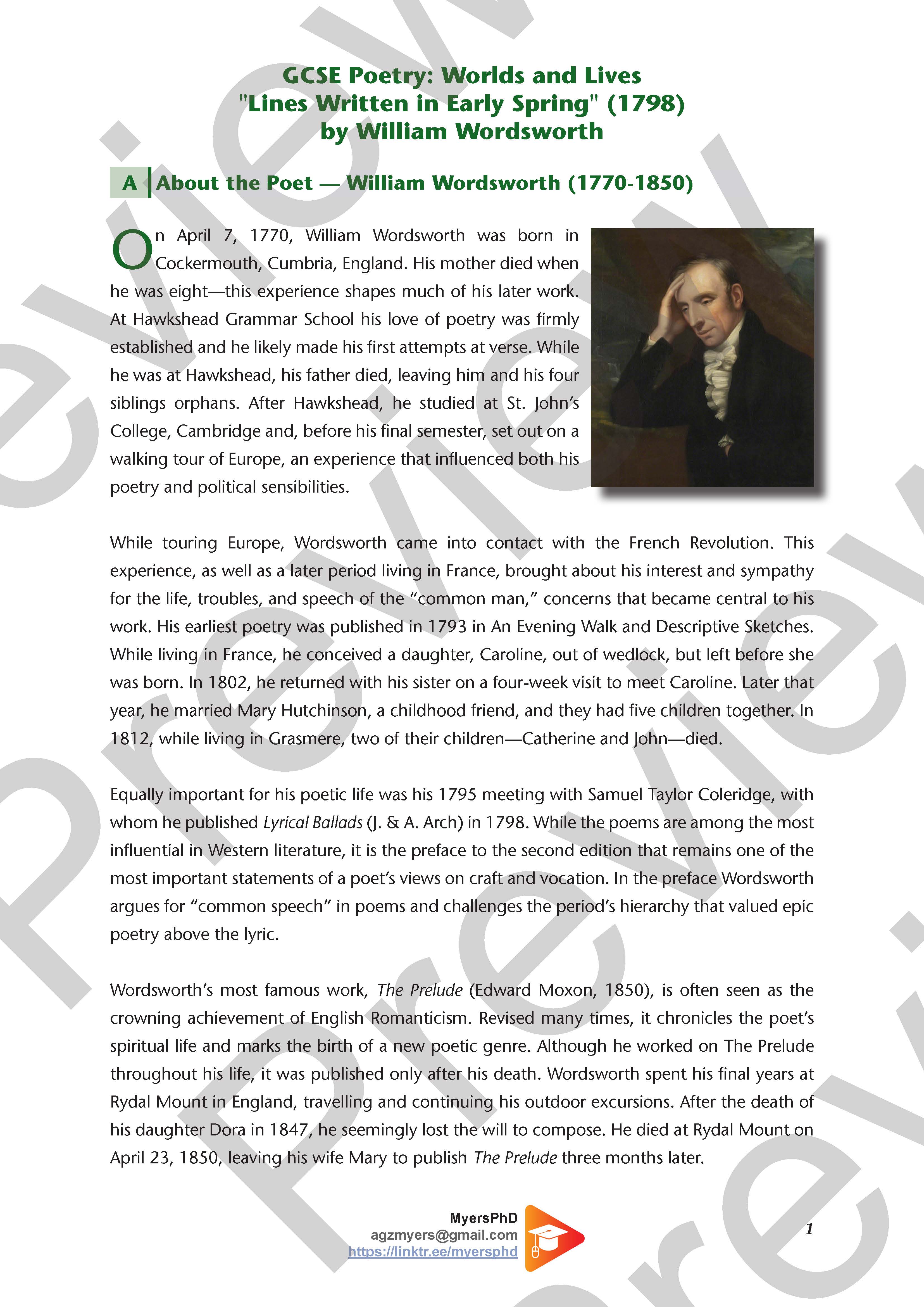 GCSE Poetry: William Wordsworth "Lines Written in Early Spring" - NO ...