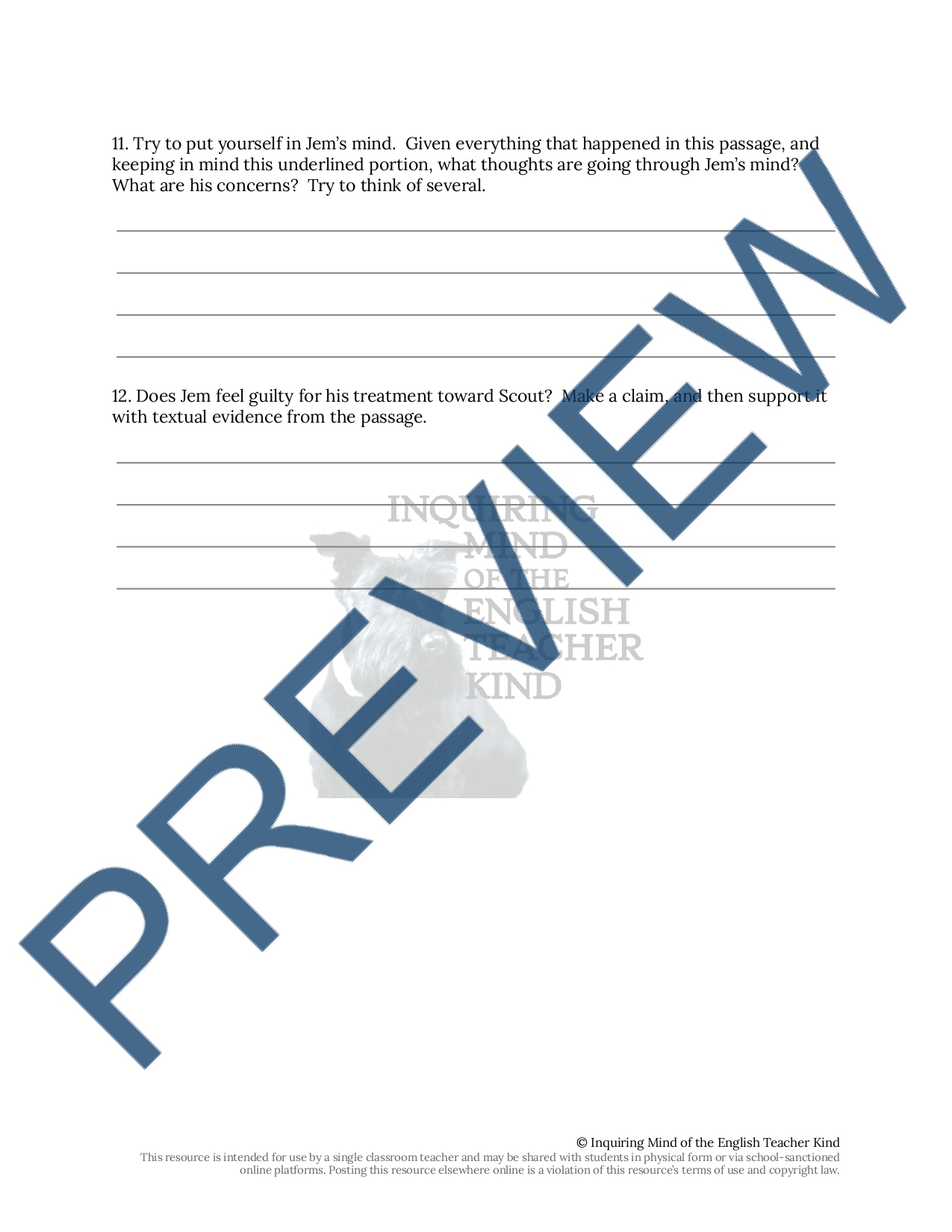 To Kill a Mockingbird Chapter 11 Close Reading Worksheet | Teaching ...