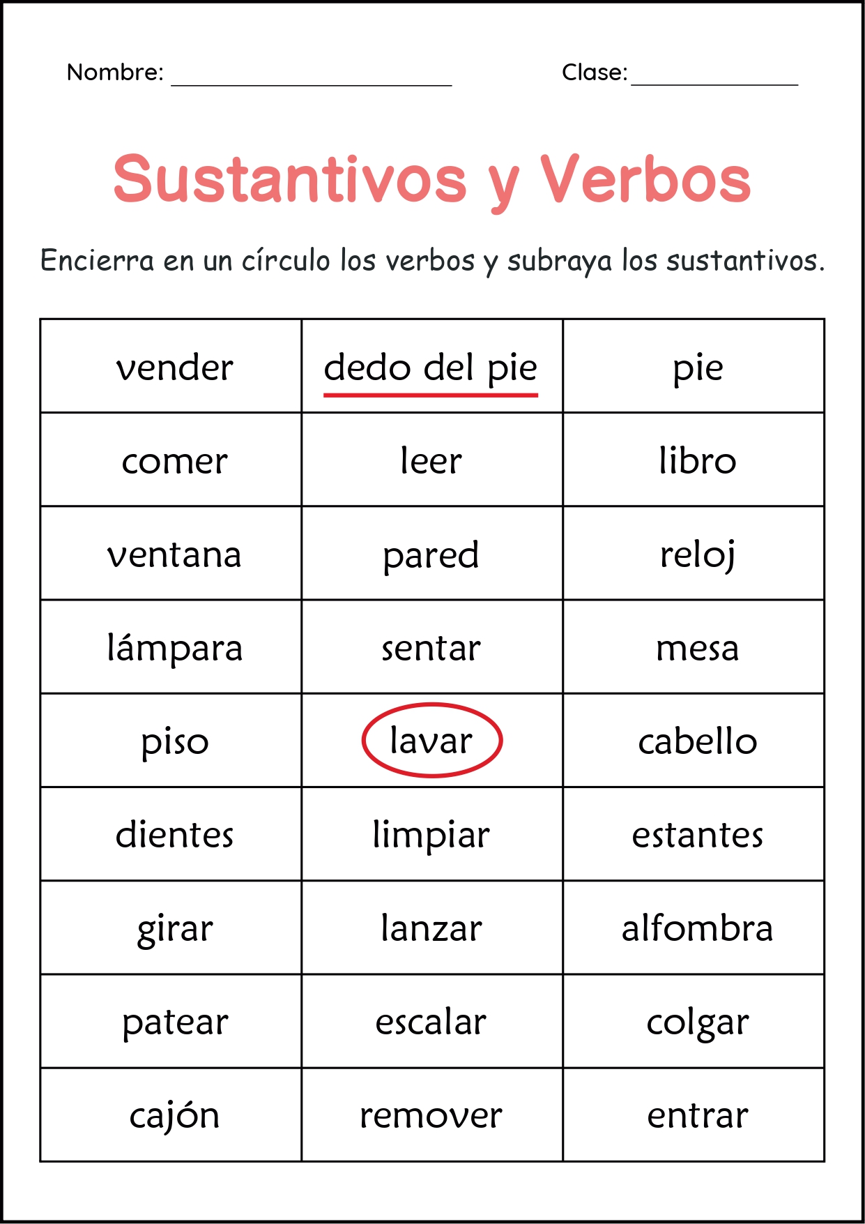 Nouns and Verbs Worksheets in spanish – Hojas de trabajo de sustantivos ...