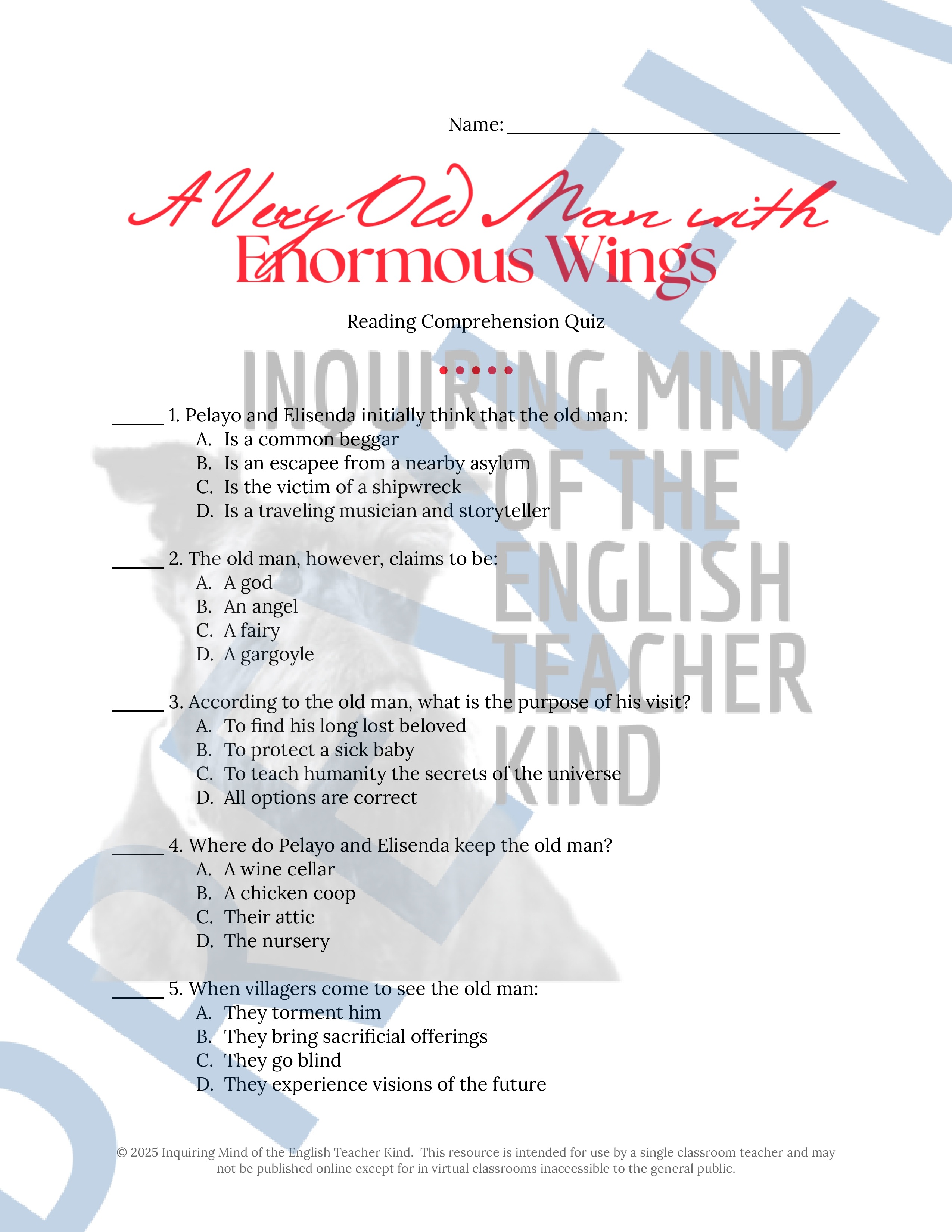 "A Very Old Man with Enormous Wings" by Gabriel Garcia Marquez Quiz and ...