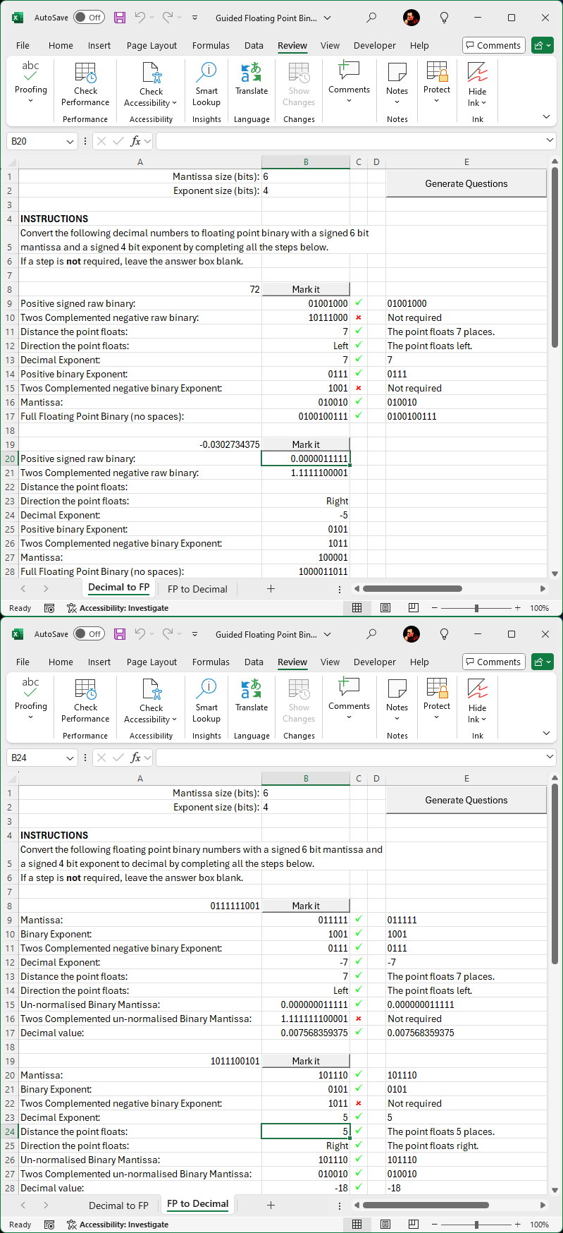 Endless Guided Floating Point Binary Conversion Question Generator