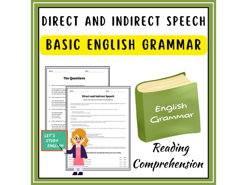 Direct and Indirect Speech Reading Comprehension Passages & Questions ...