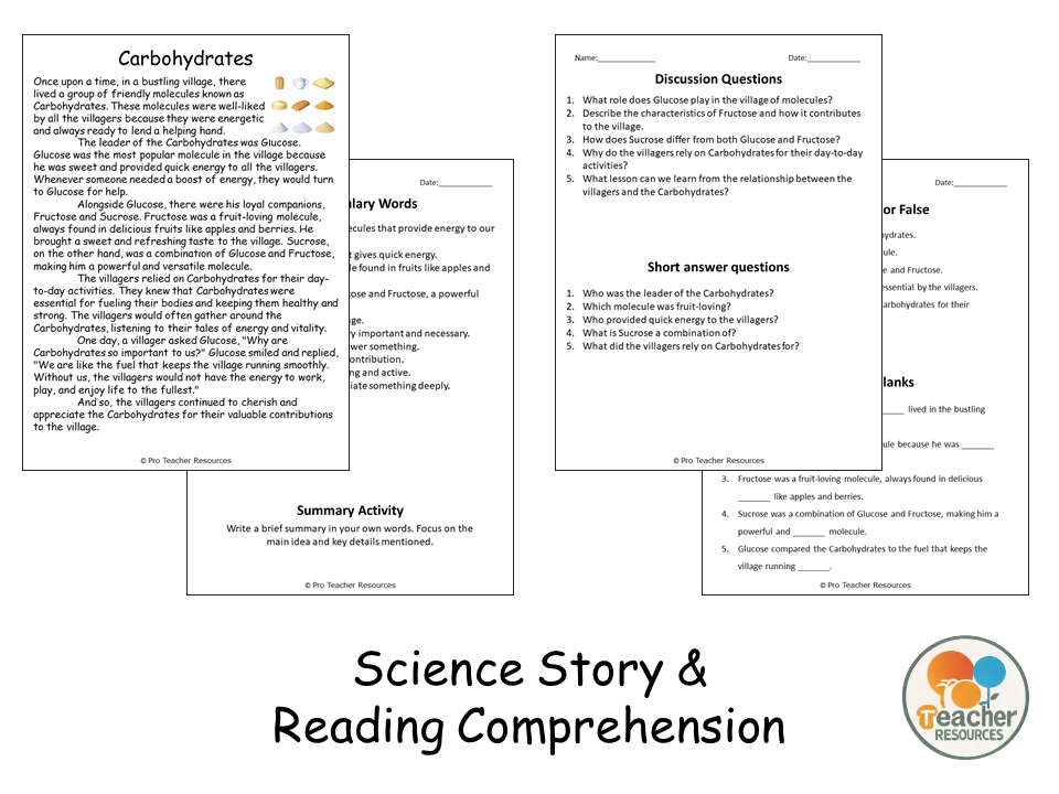 Carbohydrates Reading Science Story Comprehension Questions Worksheet ...