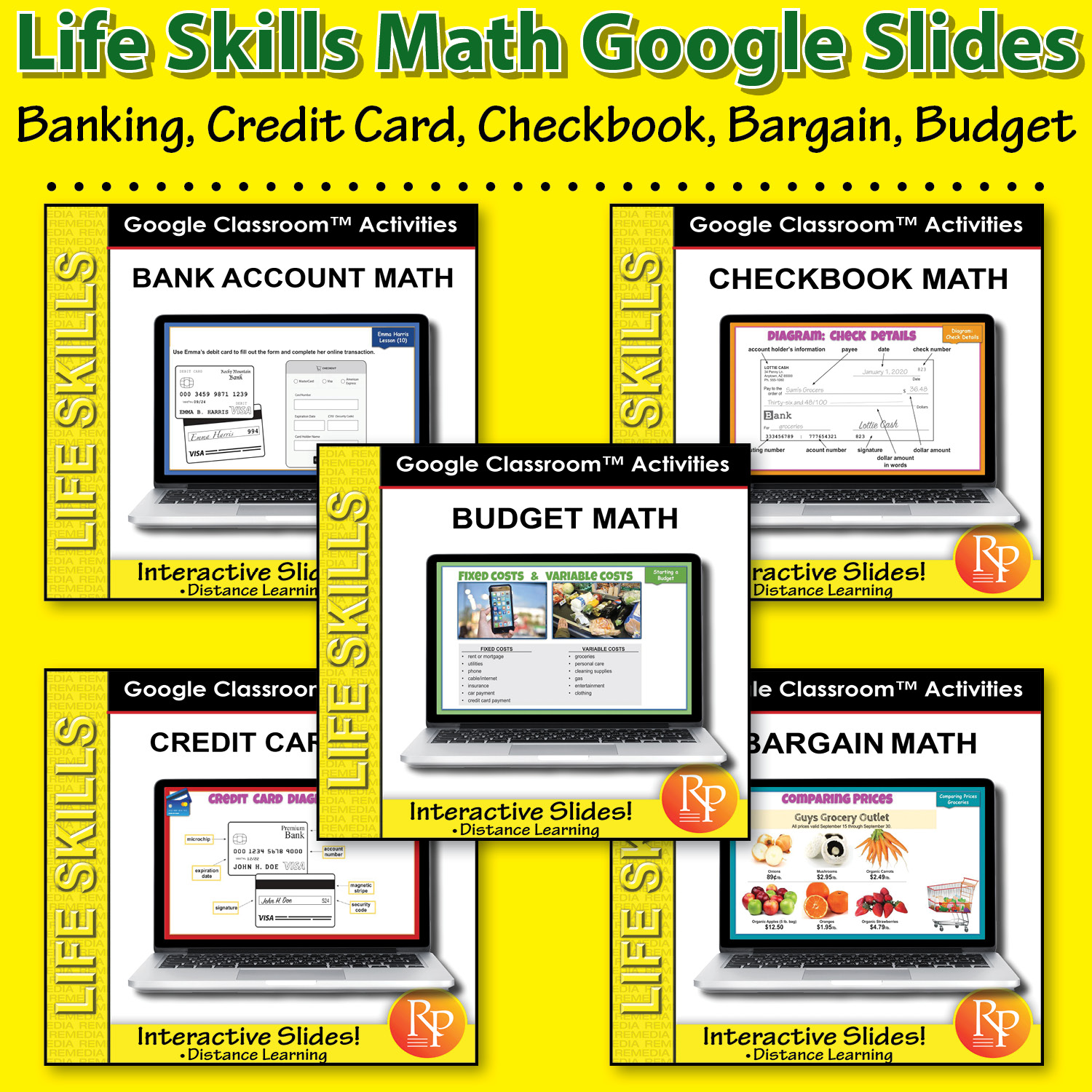 Life Skills Math GOOGLE SLIDES SET Banking Credit Card Checkbook 