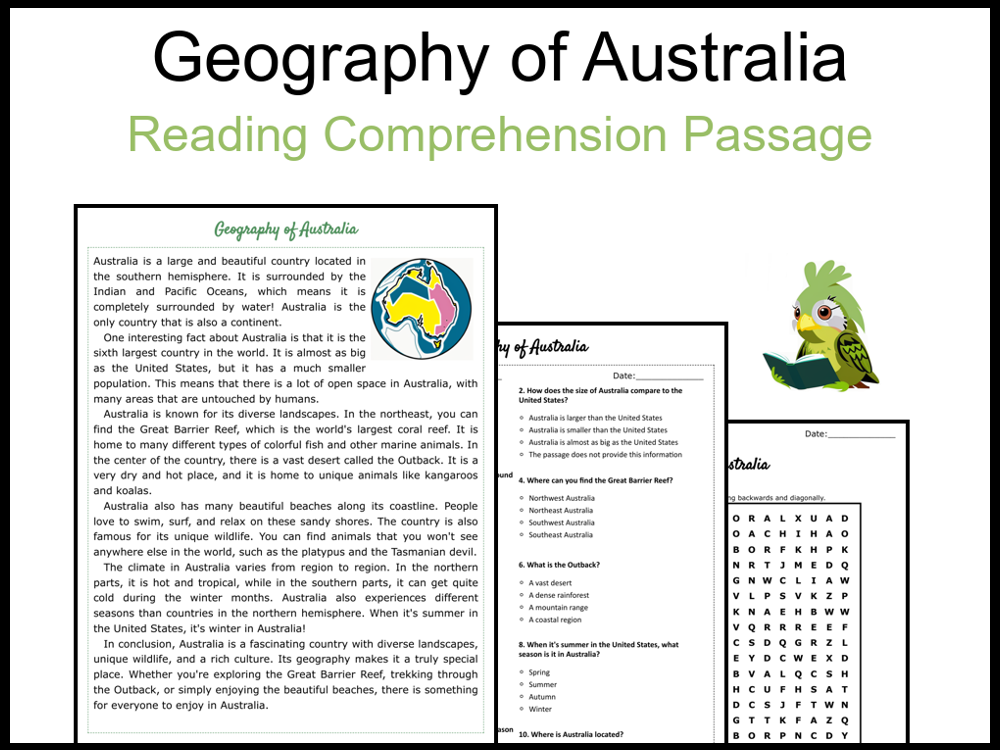 Geography of Australia Reading Comprehension and Word Search | Teaching ...