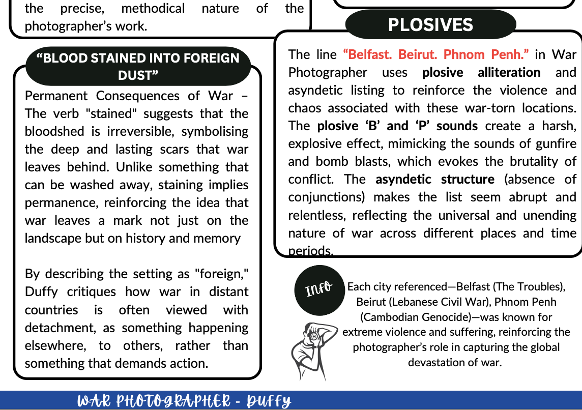 WAR PHOTOGRAPHER -CAROL ANN DUFFY Language, Form & Structure | Teaching ...