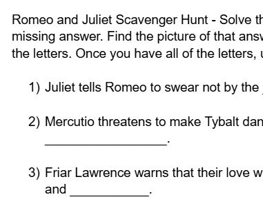 Romeo and Juliet Scavenger Hunt | Teaching Resources