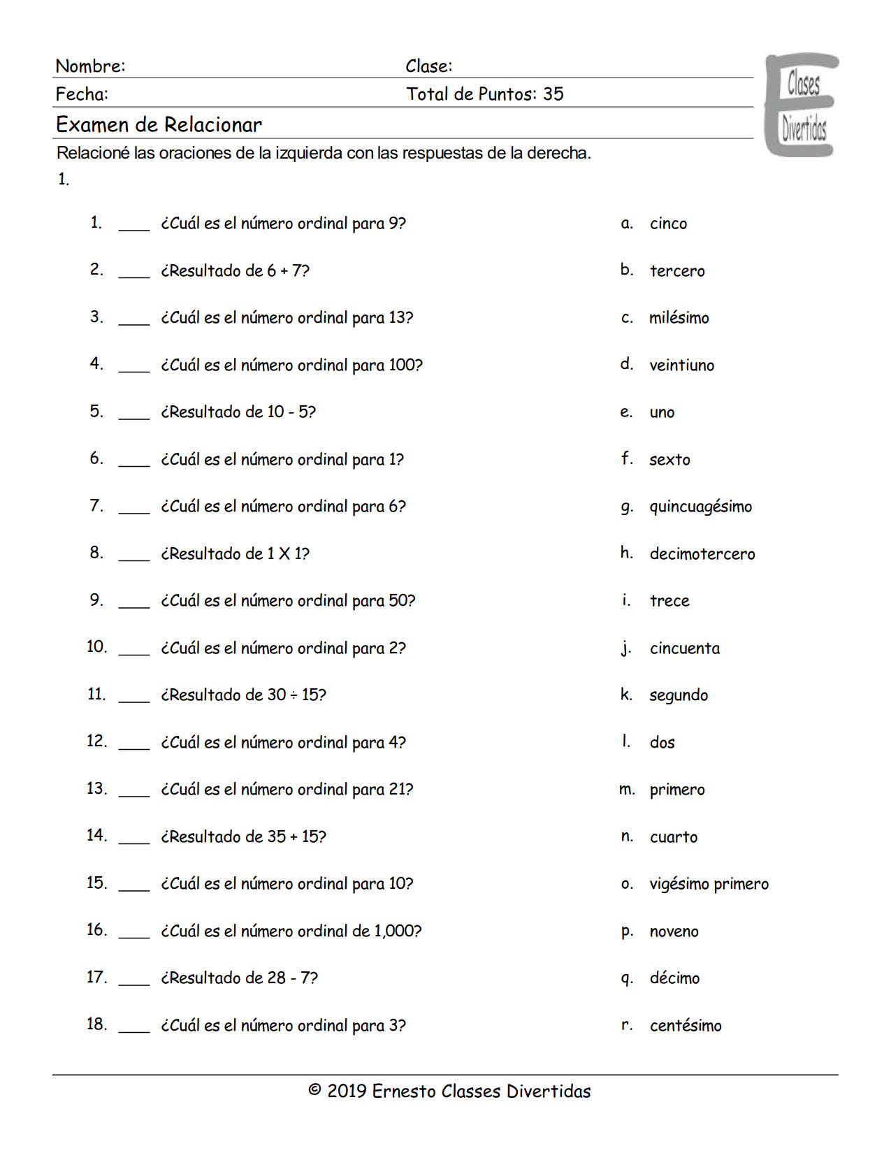 Cardinal And Ordinal Numbers Spanish Matching Exam Teaching Resources