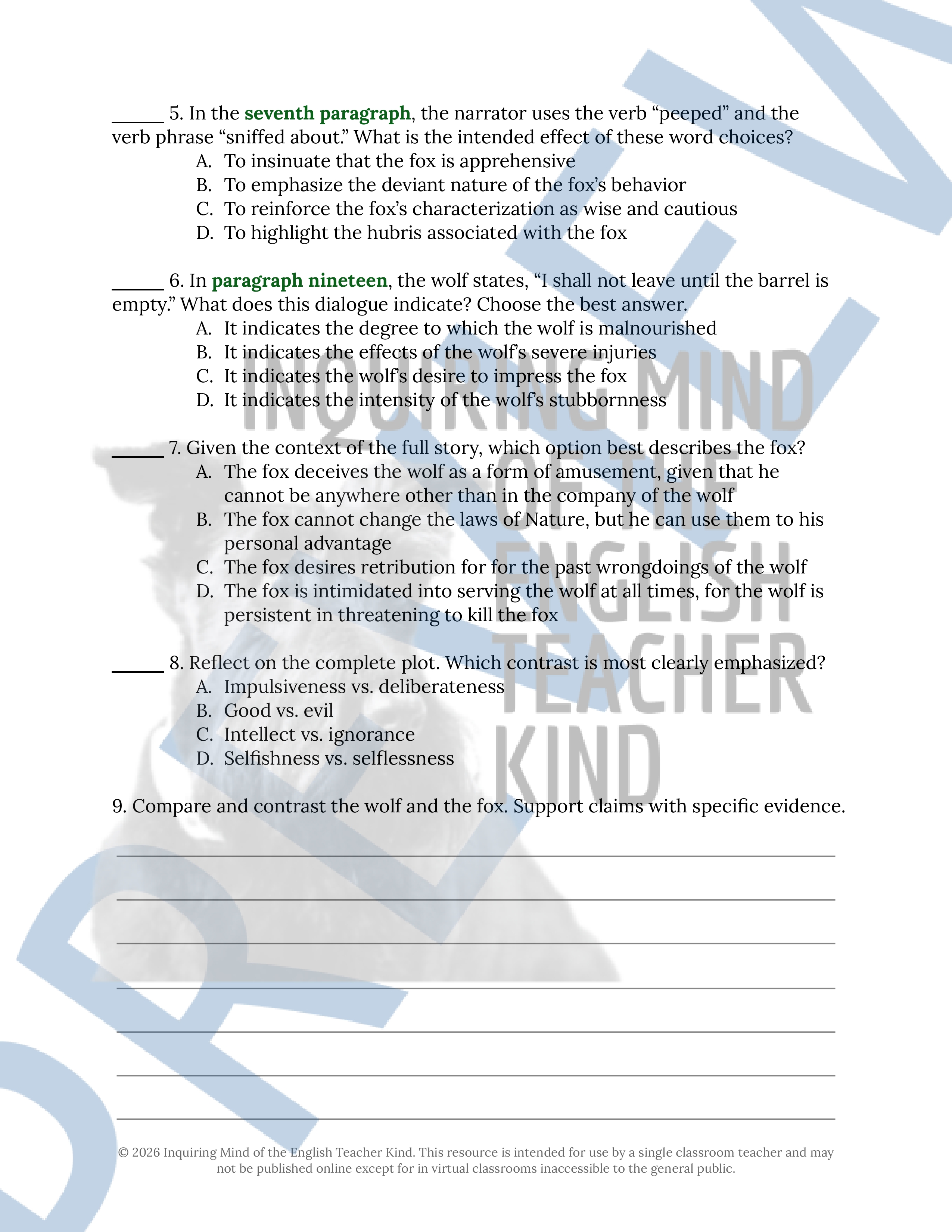 "The Wolf and the Fox" Close Reading Analysis Worksheet | Grimm's Fairy ...